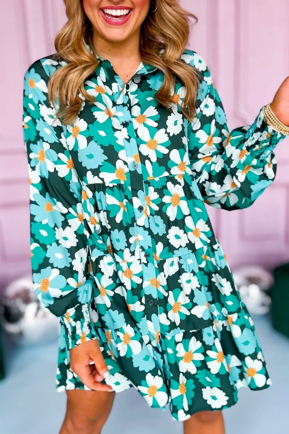 U.Vomade Elegant Tiered Green Dress: Floral Puff Sleeves - Country ...