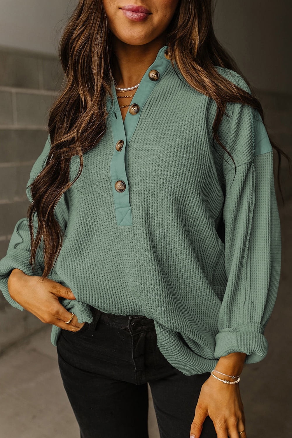 U.Vomade Elevate Your Style with Our Smoke Green Waffle Top - Long Sleeves, Loose Fit, Chic ...