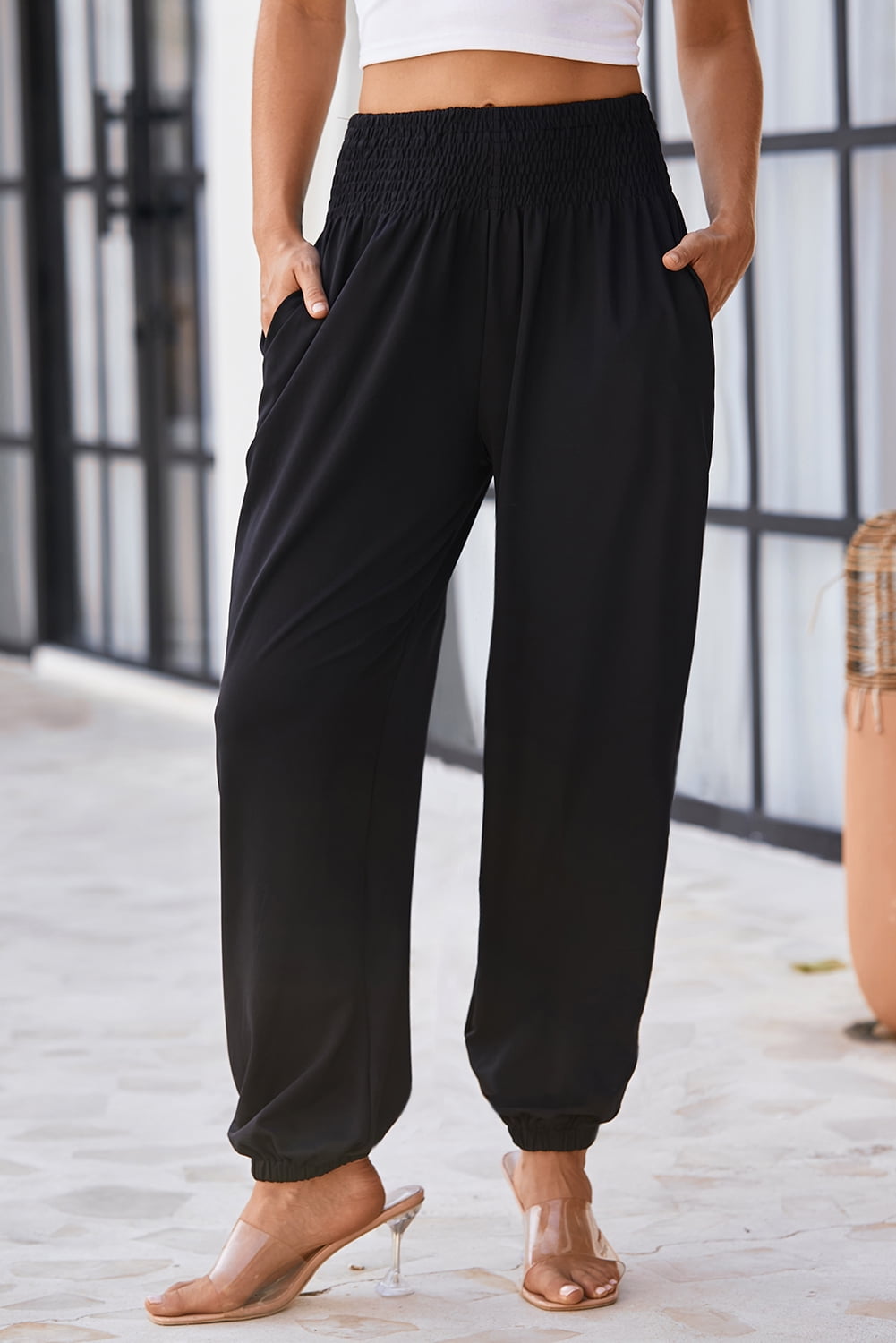 U.Vomade Elevate Your Wardrobe: Black Smocked High-Waist Joggers - Versatile Comfort for Every ...