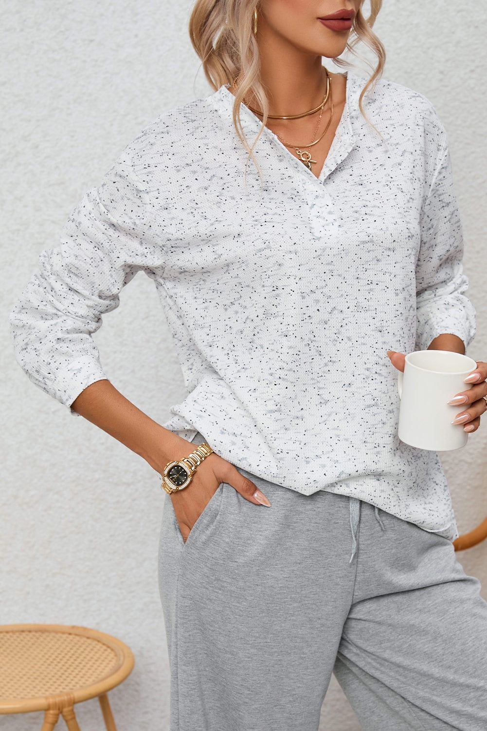 U.Vomade Grey Ribbed Henley, Long-Sleeve, Casual Chic Top - Walmart.com