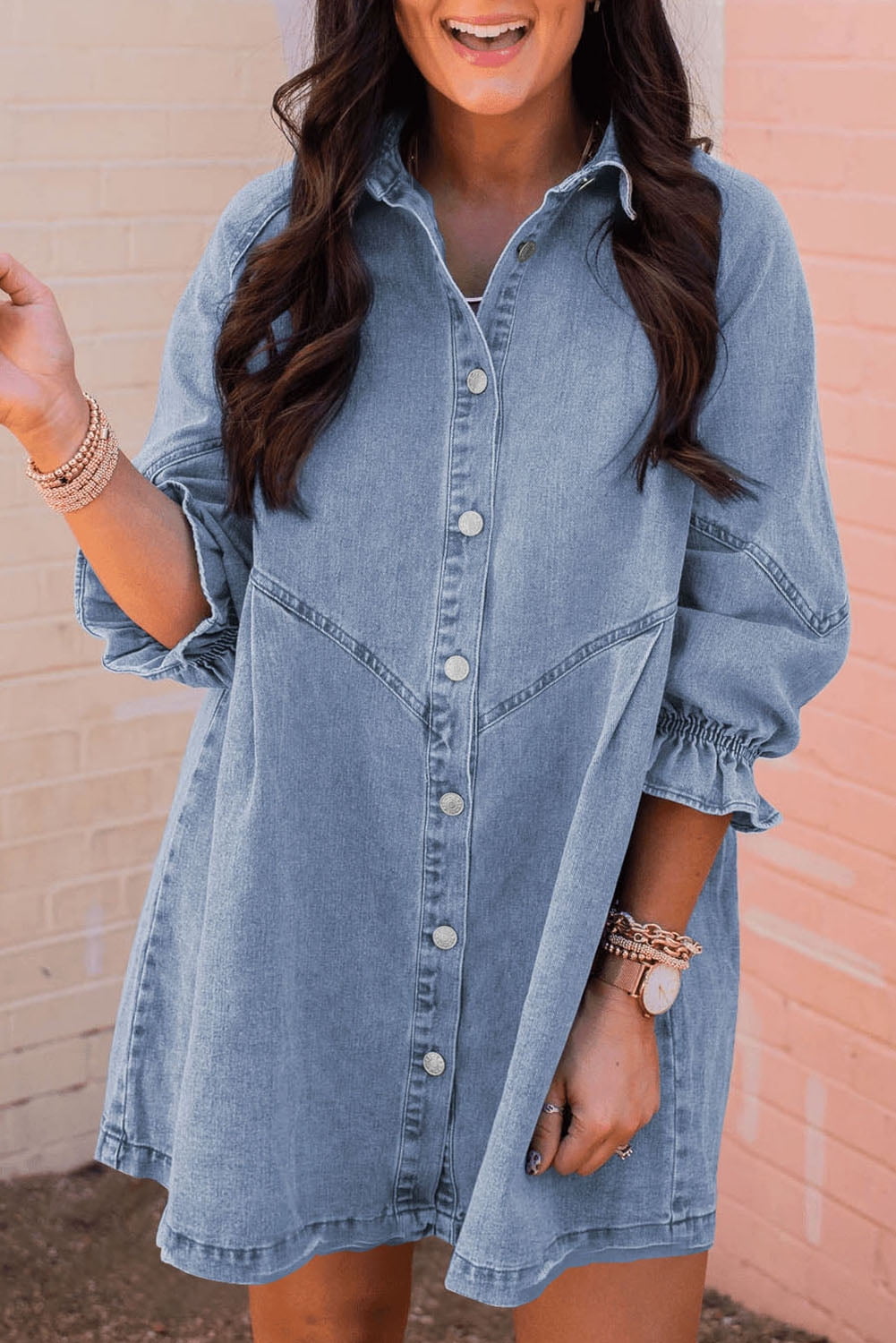 U.Vomade Sky Blue Stylish Buttoned Long Sleeve Denim Mini: Chic ...