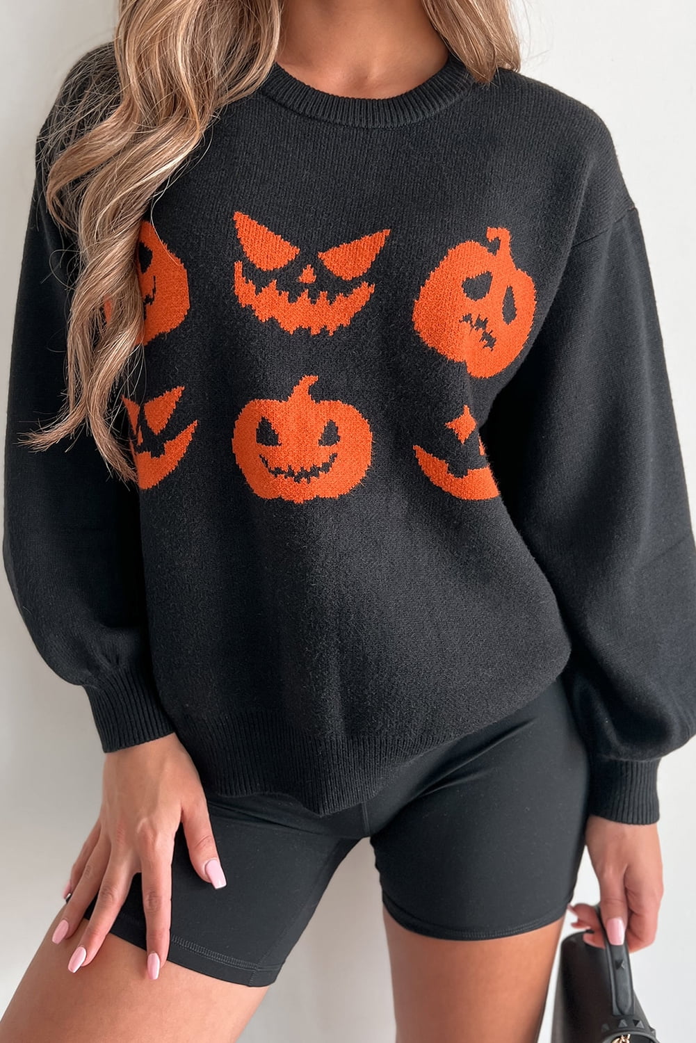 U.Vomade Spooky Black Pumpkin Face Sweater - Drop Shoulder V-Neck Top ...