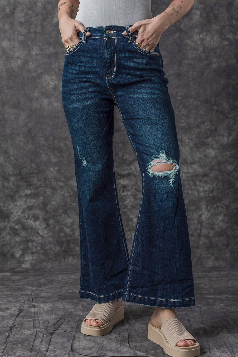 U.Vomade Stylish High-Rise Ripped Bell Bottoms - Flare Denim for a ...
