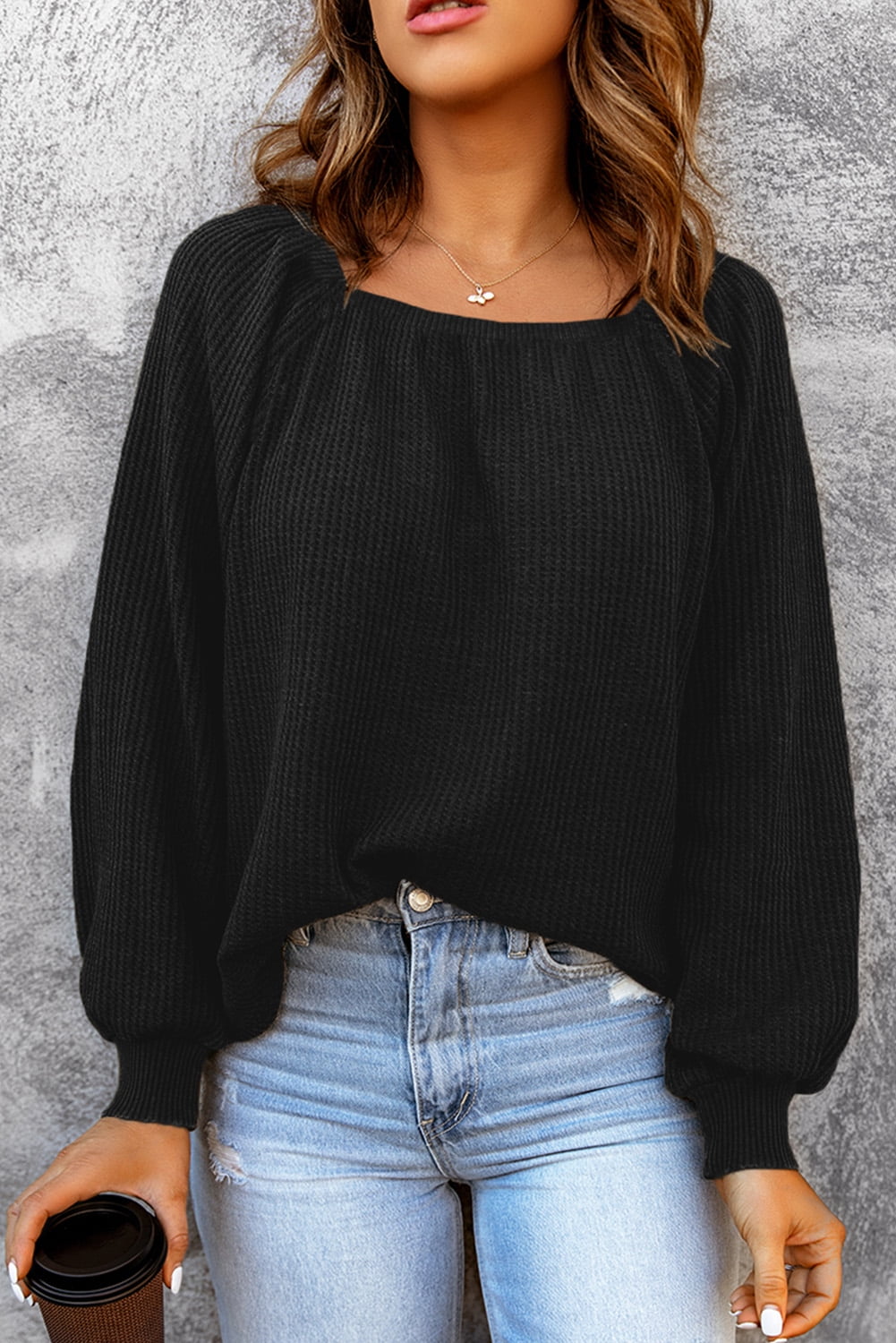U.Vomade Versatile Square Neck Waffle Knit Top - Puff Sleeves, Style ...