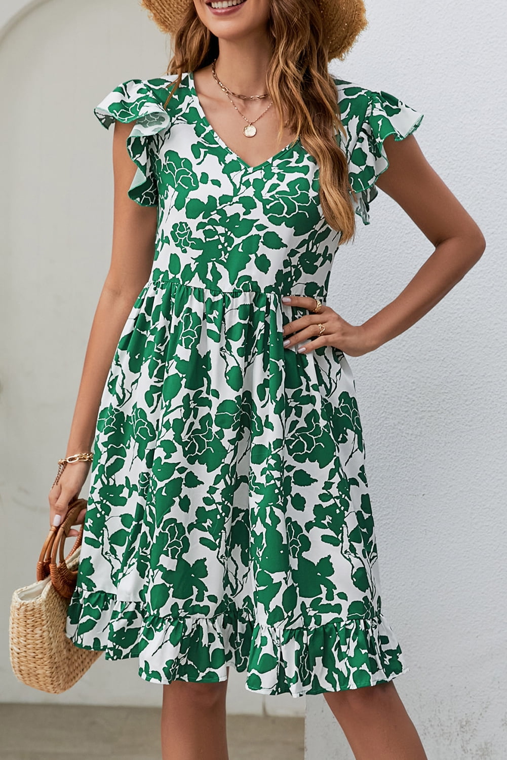 U.Vomade Vibrant Dark Green Leaf Print Dress - Flirty Flutter Sleeve ...