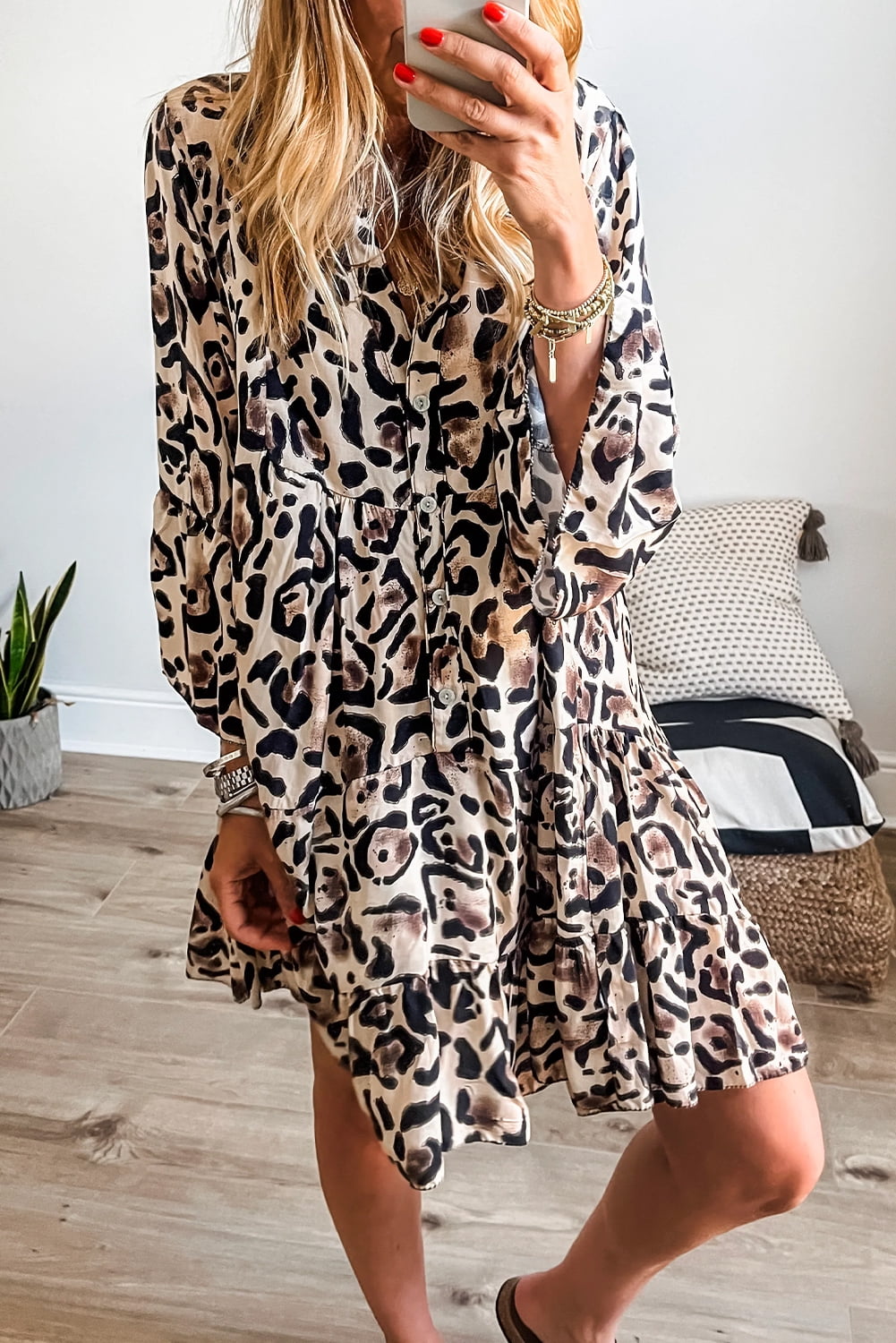 U.Vomade Wild Black Leopard Print, 3/4 Sleeve Tiered Ruffle Dress ...