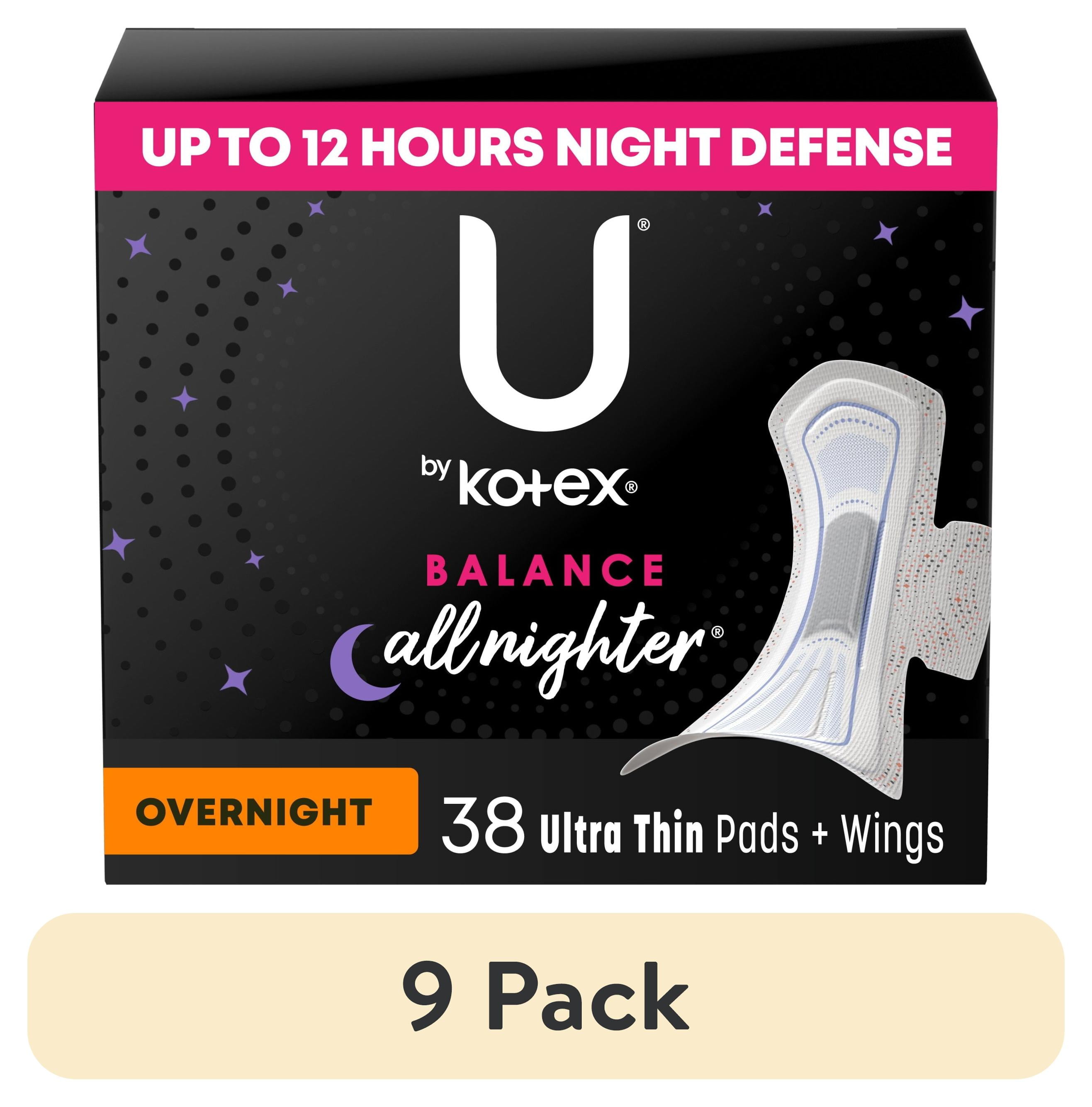 (9 pack) U by Kotex Balance Ultra Thin Overnight Pads with Wings, 38 Ct ...