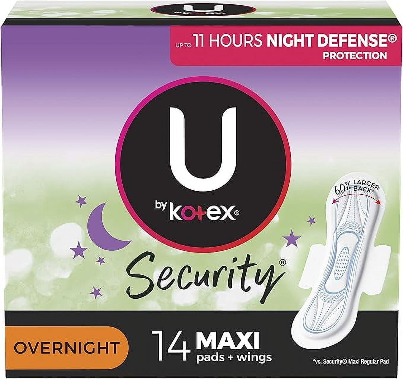 U by Kotex Security Maxi Feminine Pads with Wings, Overnight Absorbency ...