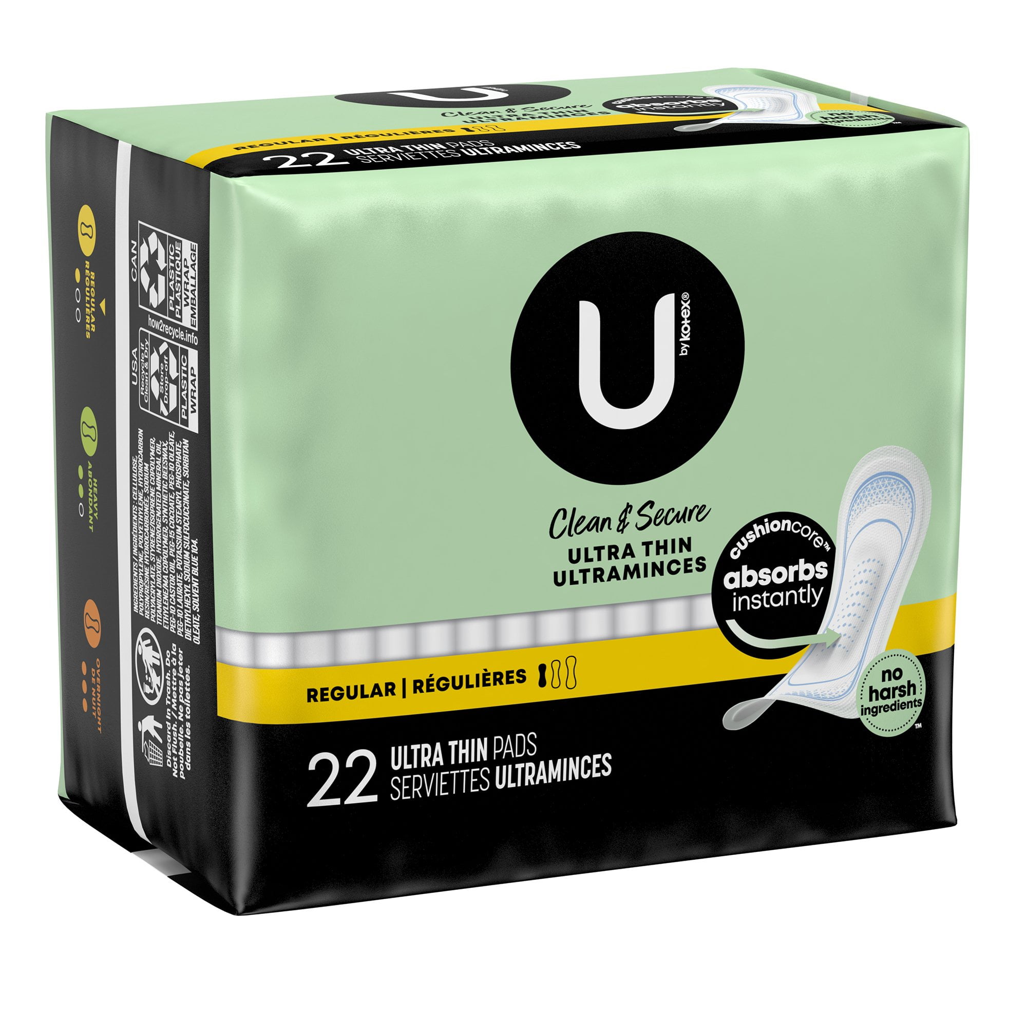 U by Kotex Ultra-Thin, Regular Absorbency Feminine Pads, 22 Count, 8 ...