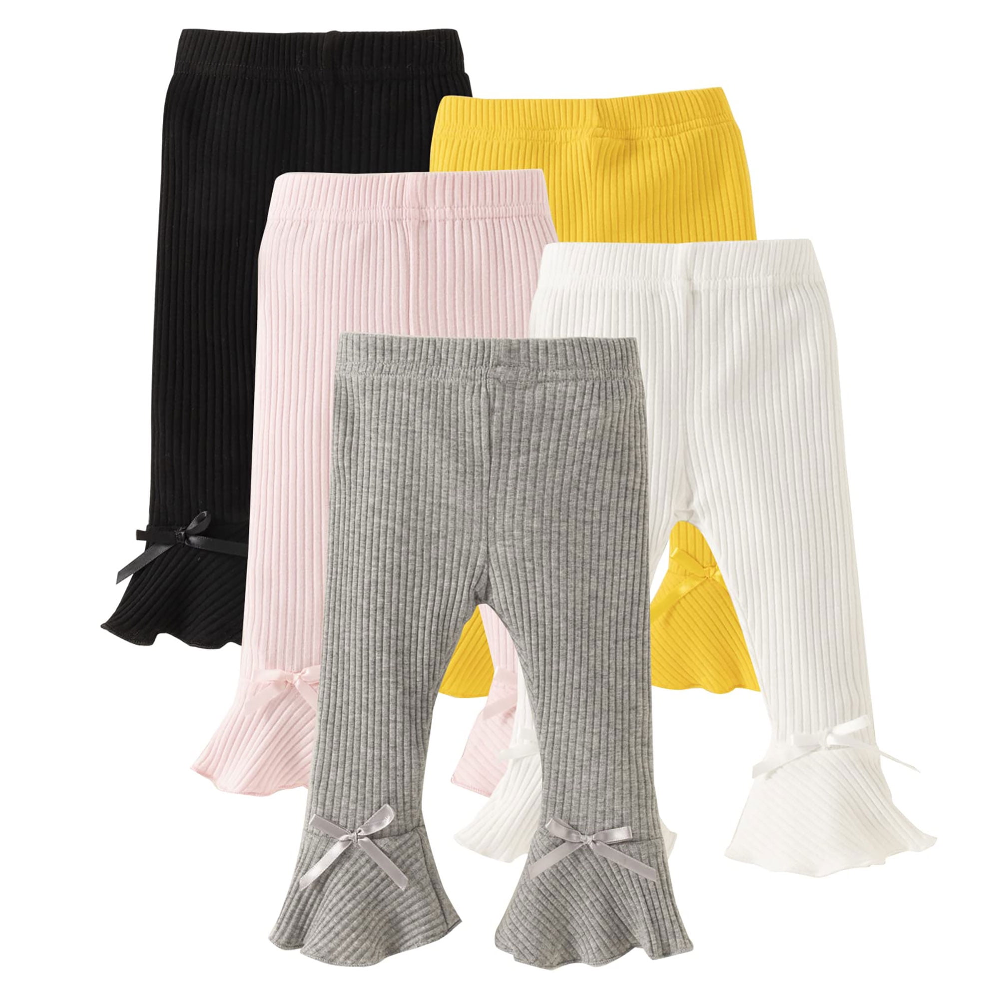 U·nikaka Cotton Baby Girls Pants 5-Pack, Ribbed Bowknot Ruffle Flared ...