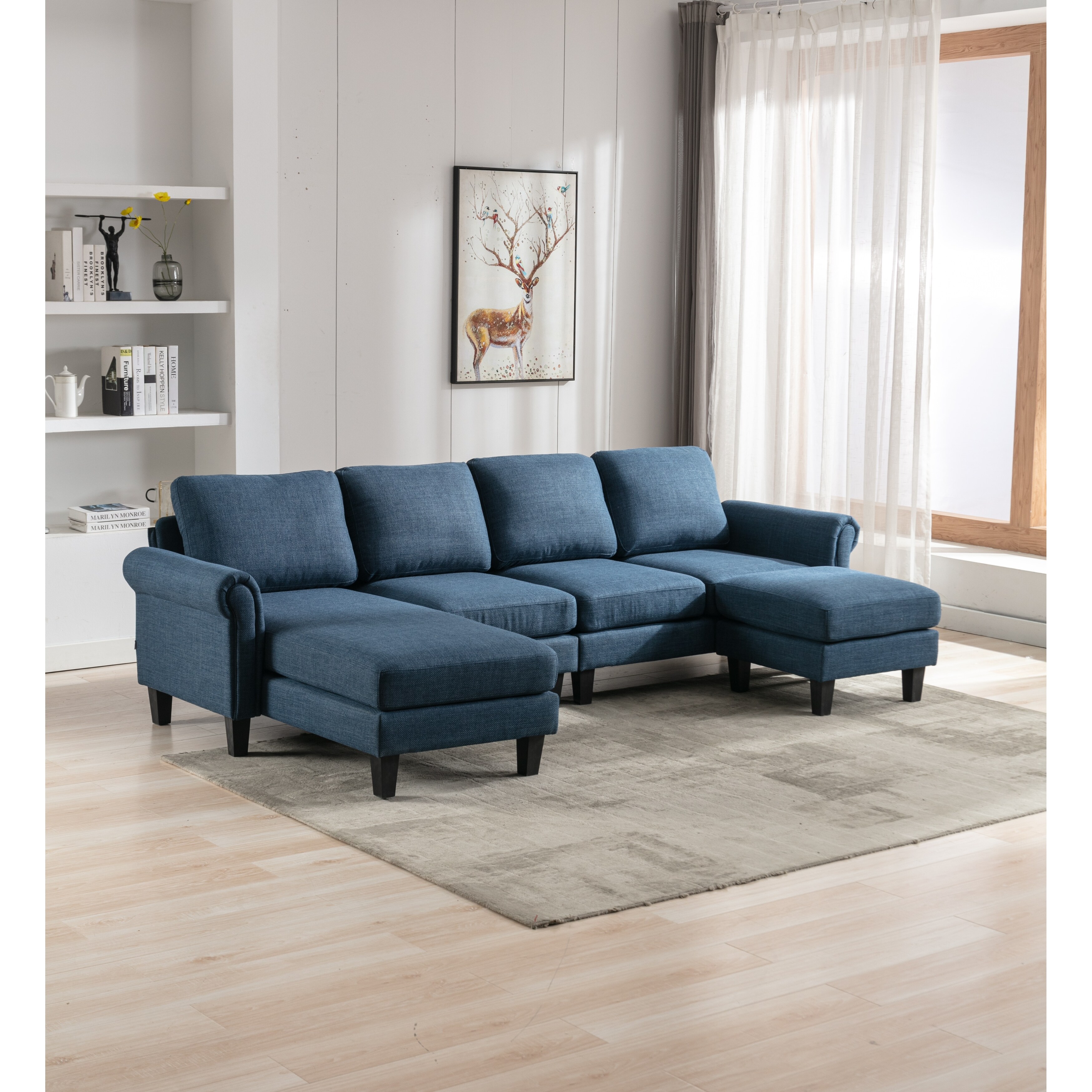 U-shape Accent Sofa Set Linen Couch Set with Reversible Ottomans Sofa ...