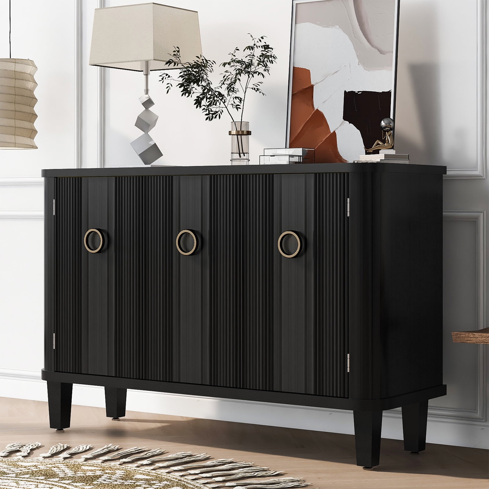 U-shape Storage Sideboard Solid Wood Cabinet With Adjustable Shelf And ...