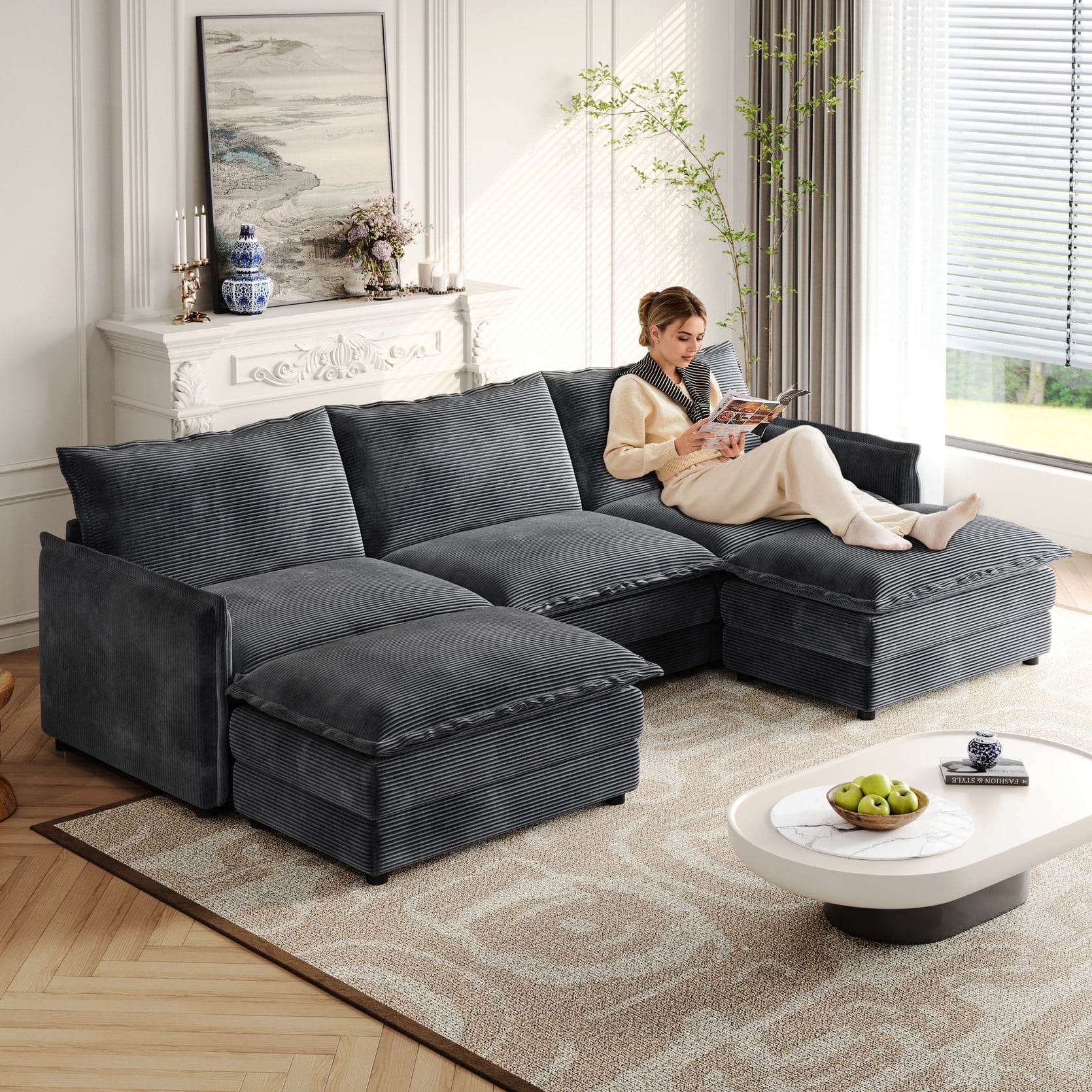 U - shaped Couch & Movable Footrest - Living Room Entertainment and ...