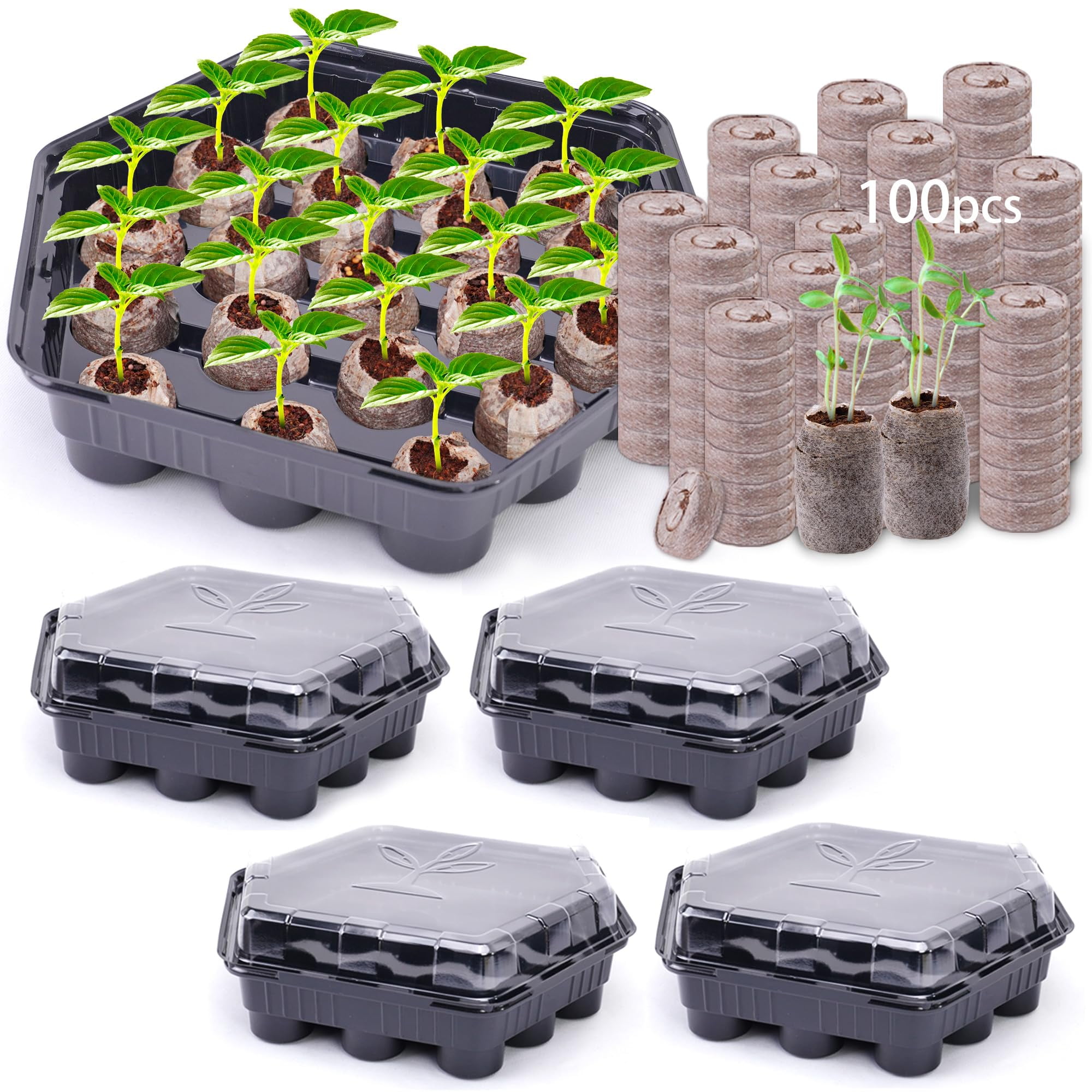 U0U 5 Pack Seed Starter Trays MVR1 with 100pcs Peat Pellets,95-Cell Seed Starter Kit with Dome ...