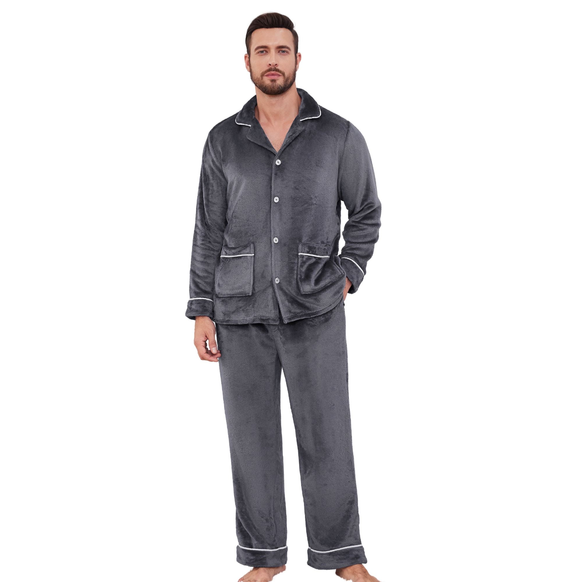 U2SKIIN Men Fleece Pajama set, Long Sleeve Button Down Soft Sleepwear ...