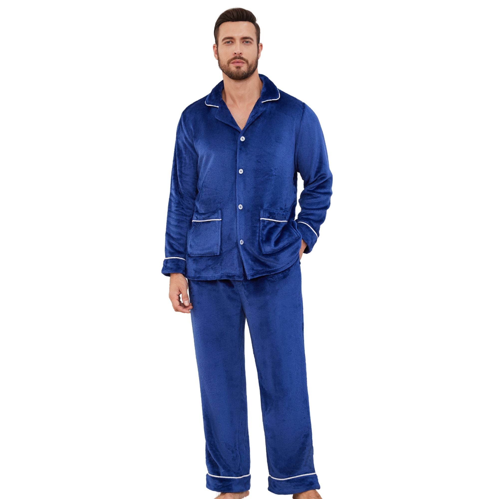 U2SKIIN Men Fleece Pajama set, Long Sleeve Button Down Soft Sleepwear ...