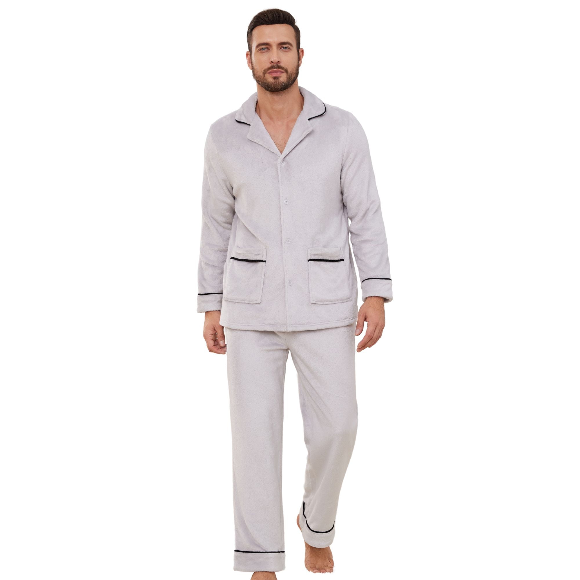 U2SKIIN Men Fleece Pajama set, Long Sleeve Button Down Soft Sleepwear ...