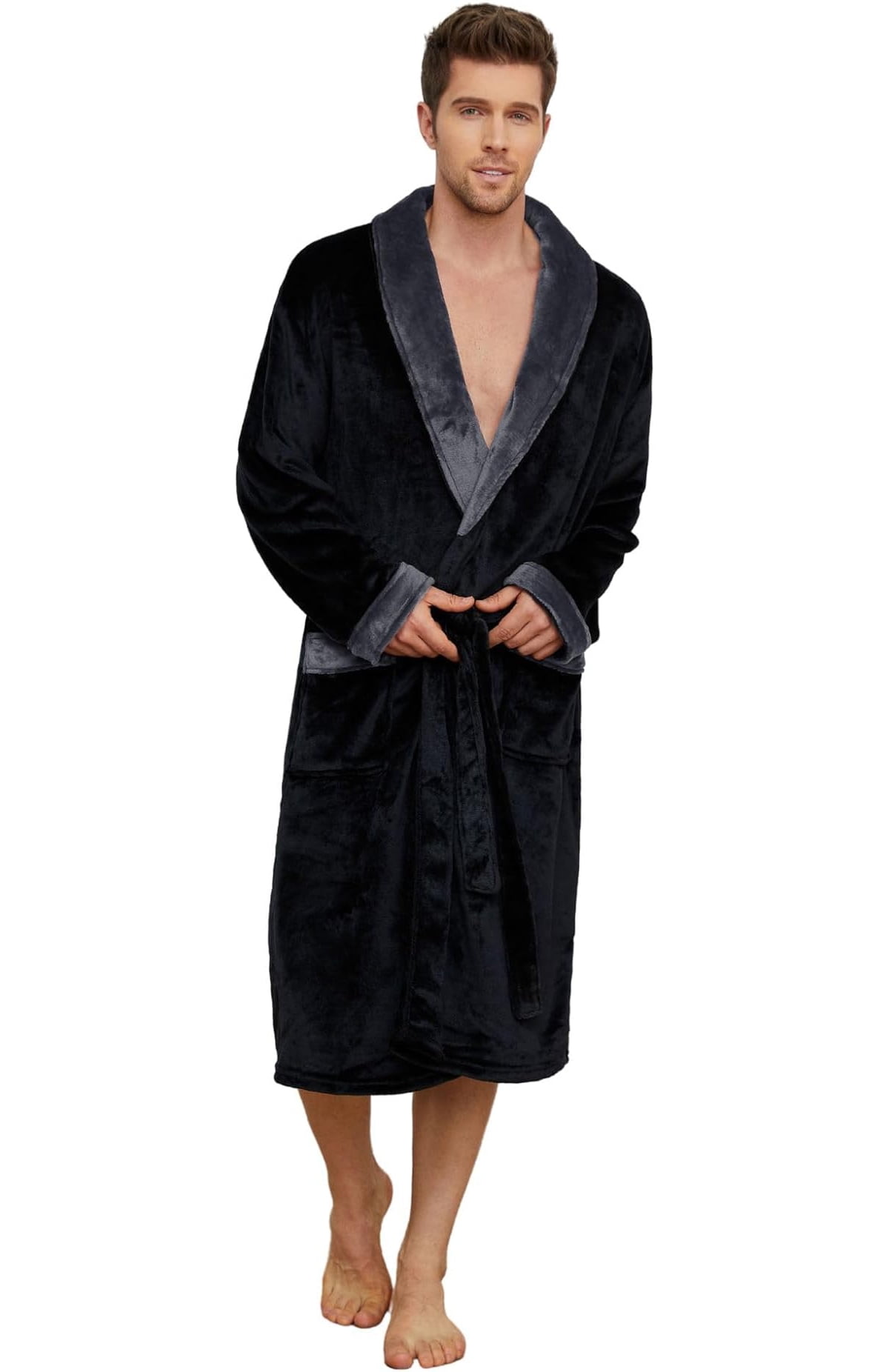 U2SKIIN Men's Plush Fleece Robe in Black/Dark Grey, XX-3X-Large ...