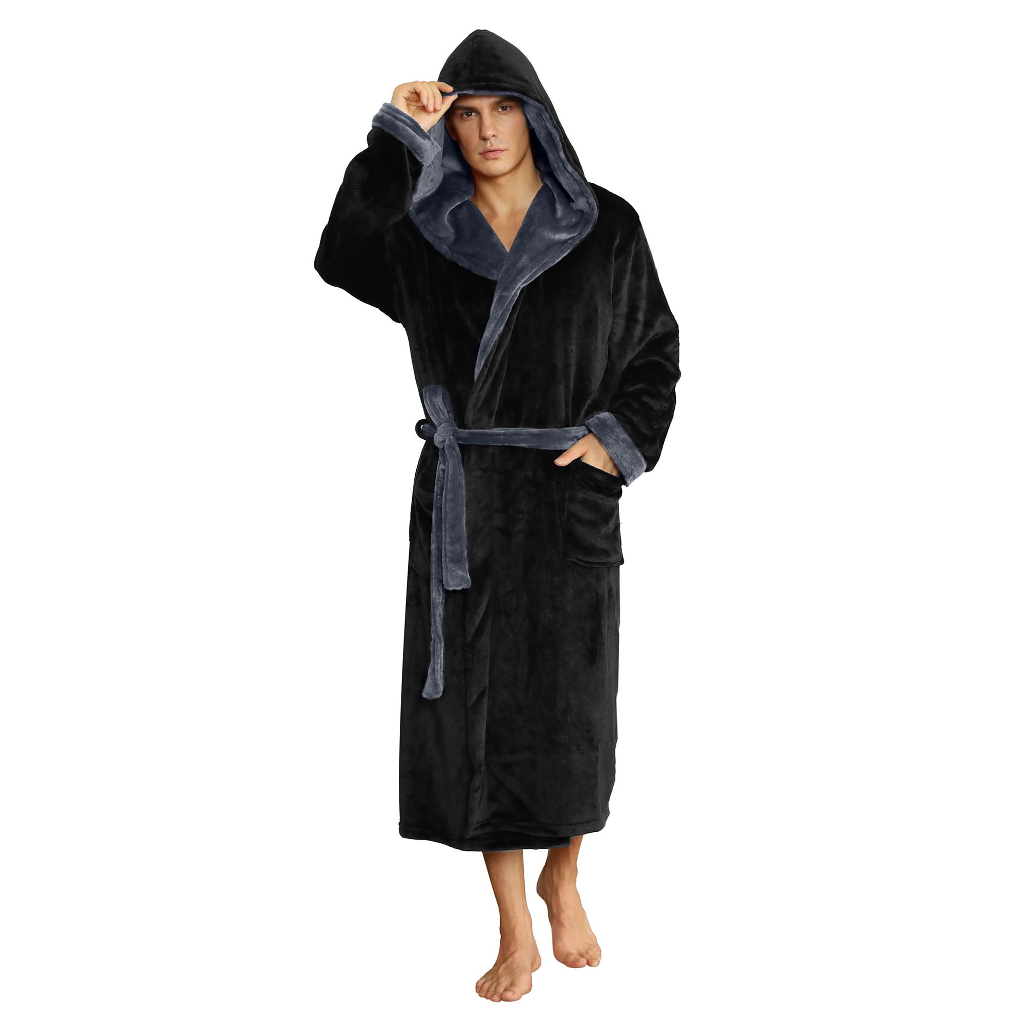 U2SKIIN Mens Fleece Robe with Hood, Mid Length Plush Shawl Collar Two ...