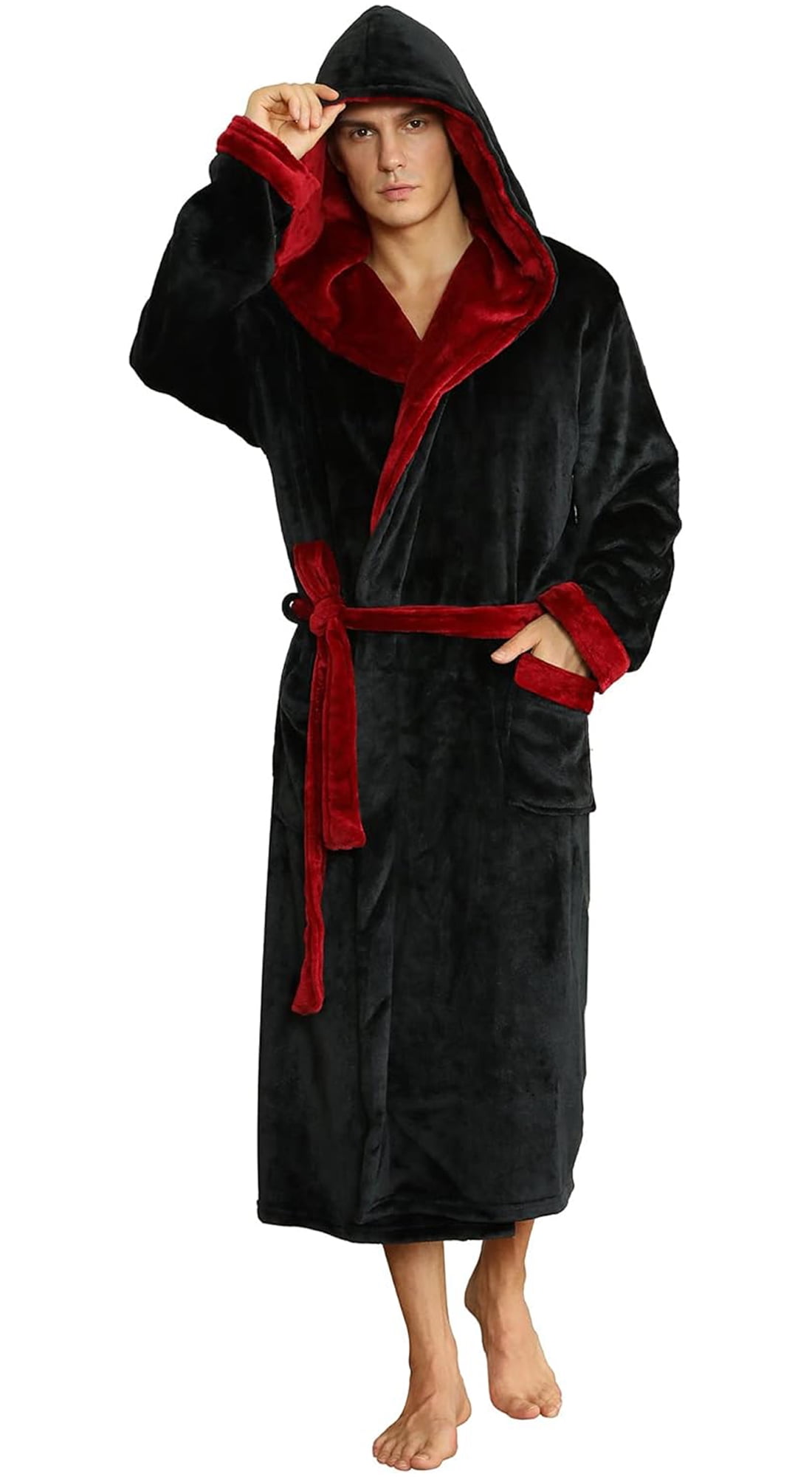 U2SKIIN Mens Fleece Hooded Robe, Plush Shawl Collar, Two Tone Bathrobe ...