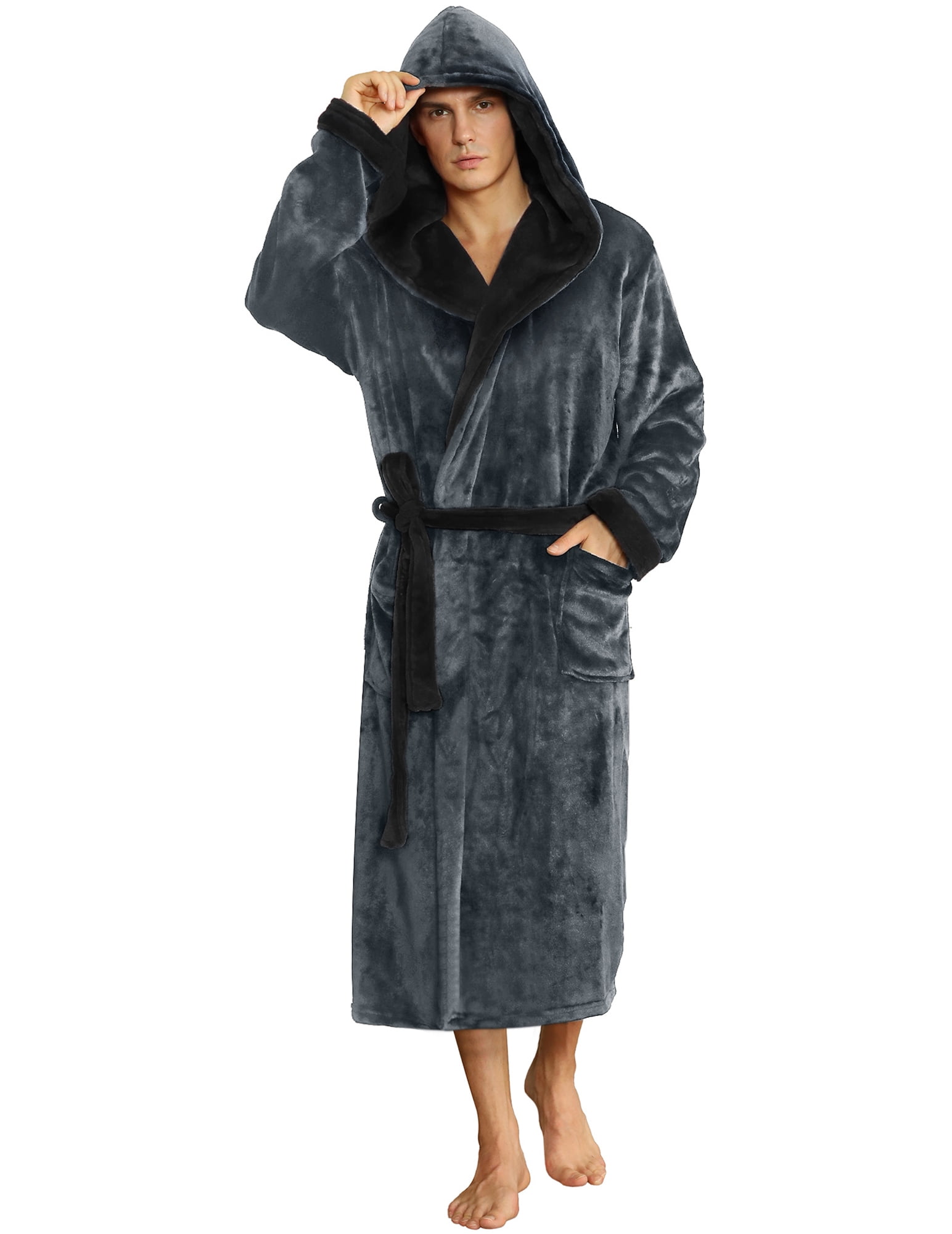 U2SKIIN Mens Fleece Robe with Hood, Mid Length Plush Shawl Collar Two ...