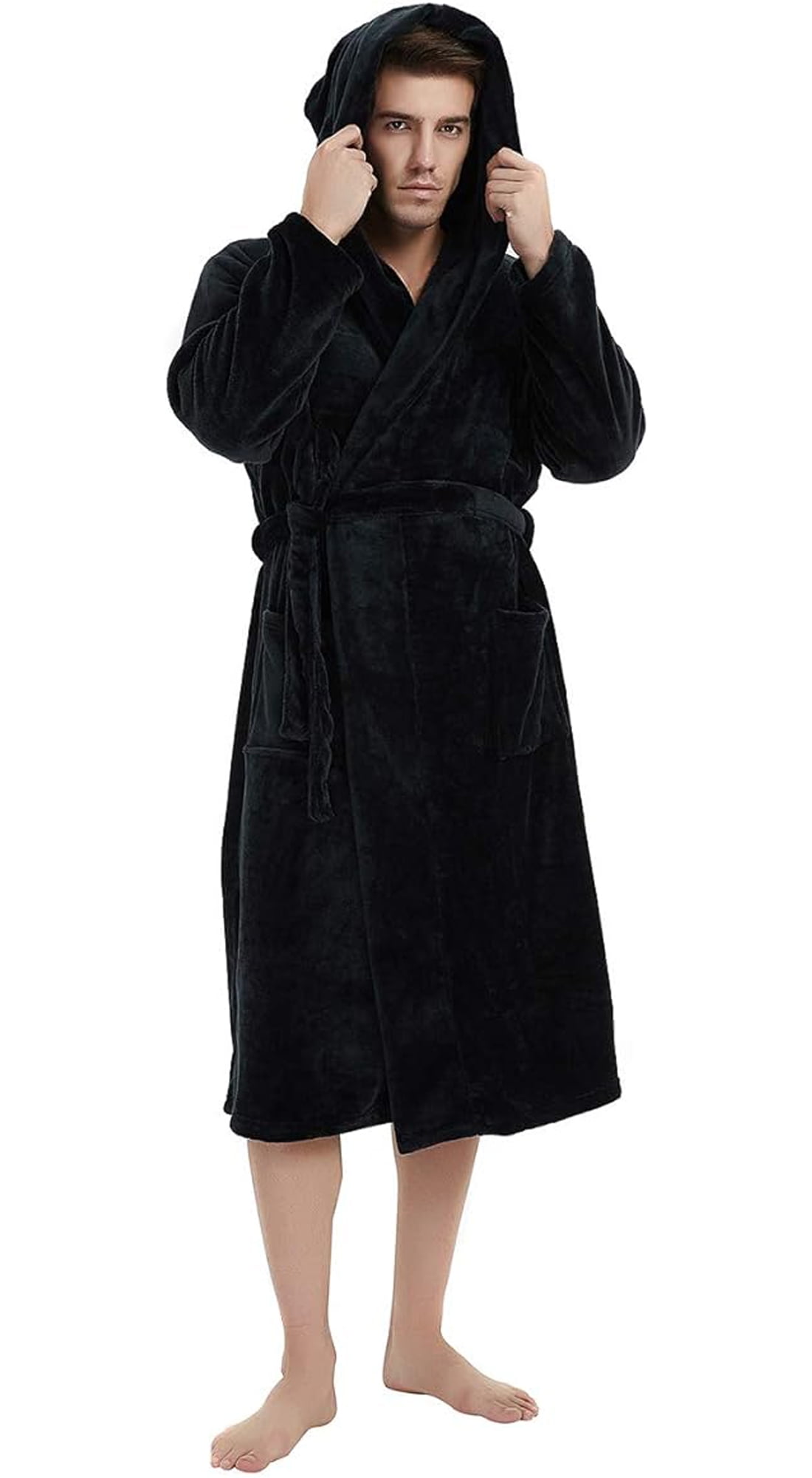 U2SKIIN Mens Hooded Robe, Plush Soft Warm Mid Length Fleece Bathrobe ...
