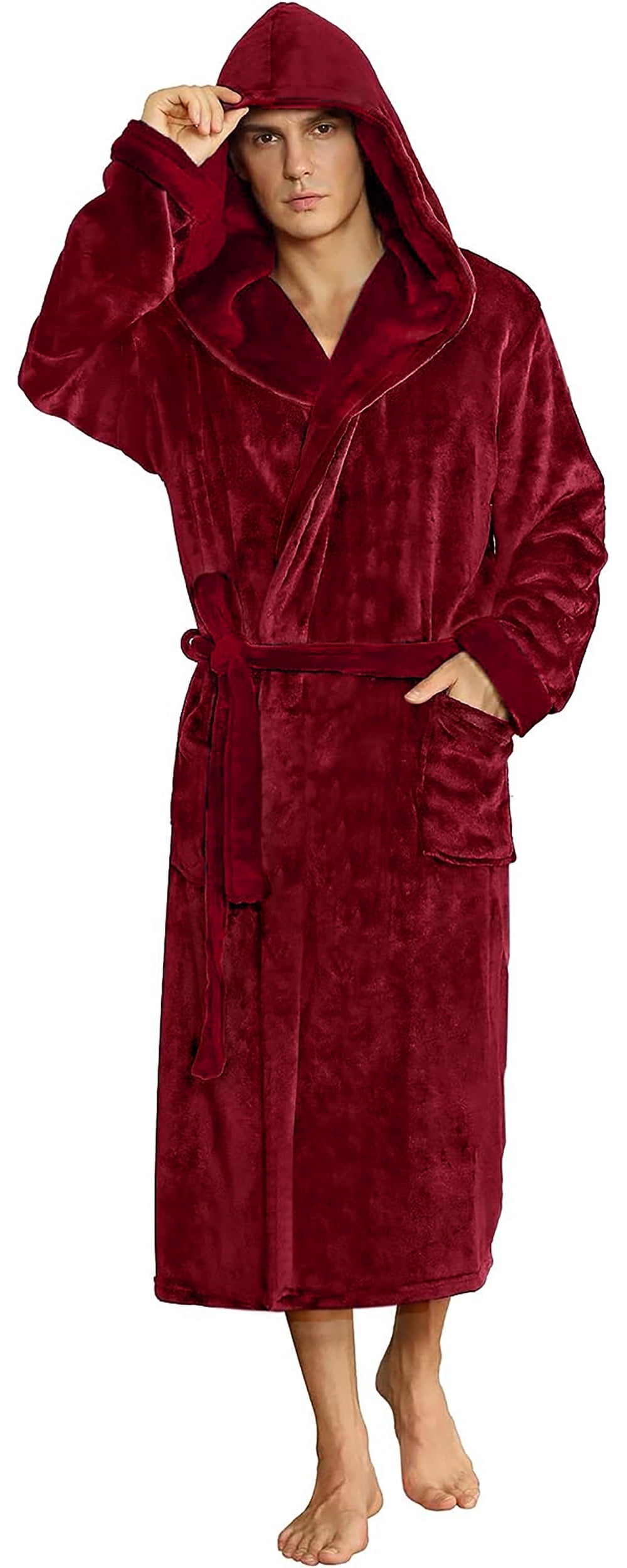 U2SKIIN Mens Hooded Robe, Plush Soft Warm Mid Length Fleece Bathrobe ...