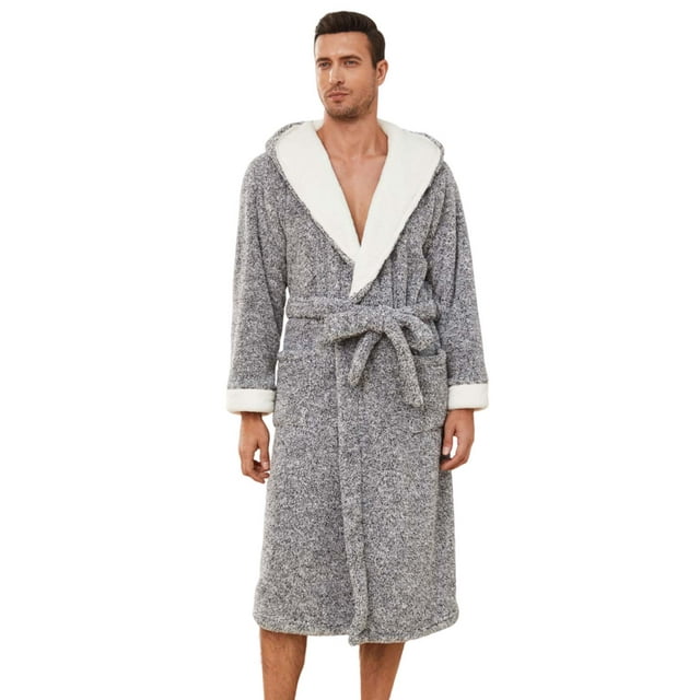 U2SKIIN Mens Plush Hooded Robe, Soft Fluffy Mens Fleece Robe Long Warm Men Bathrobes（Black Grey ...