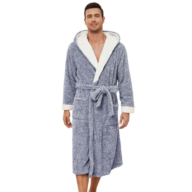 U2SKIIN Mens Plush Hooded Robe, Soft Fluffy Mens Fleece Robe Long Warm Men Bathrobes（Navy Mel ...