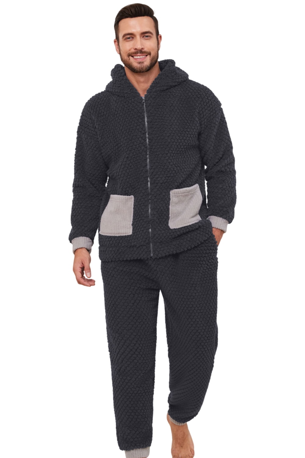 U2SKIIN Mens Plush Hooded Zipper Pajama Set, Soft Warm Long Sleeve ...