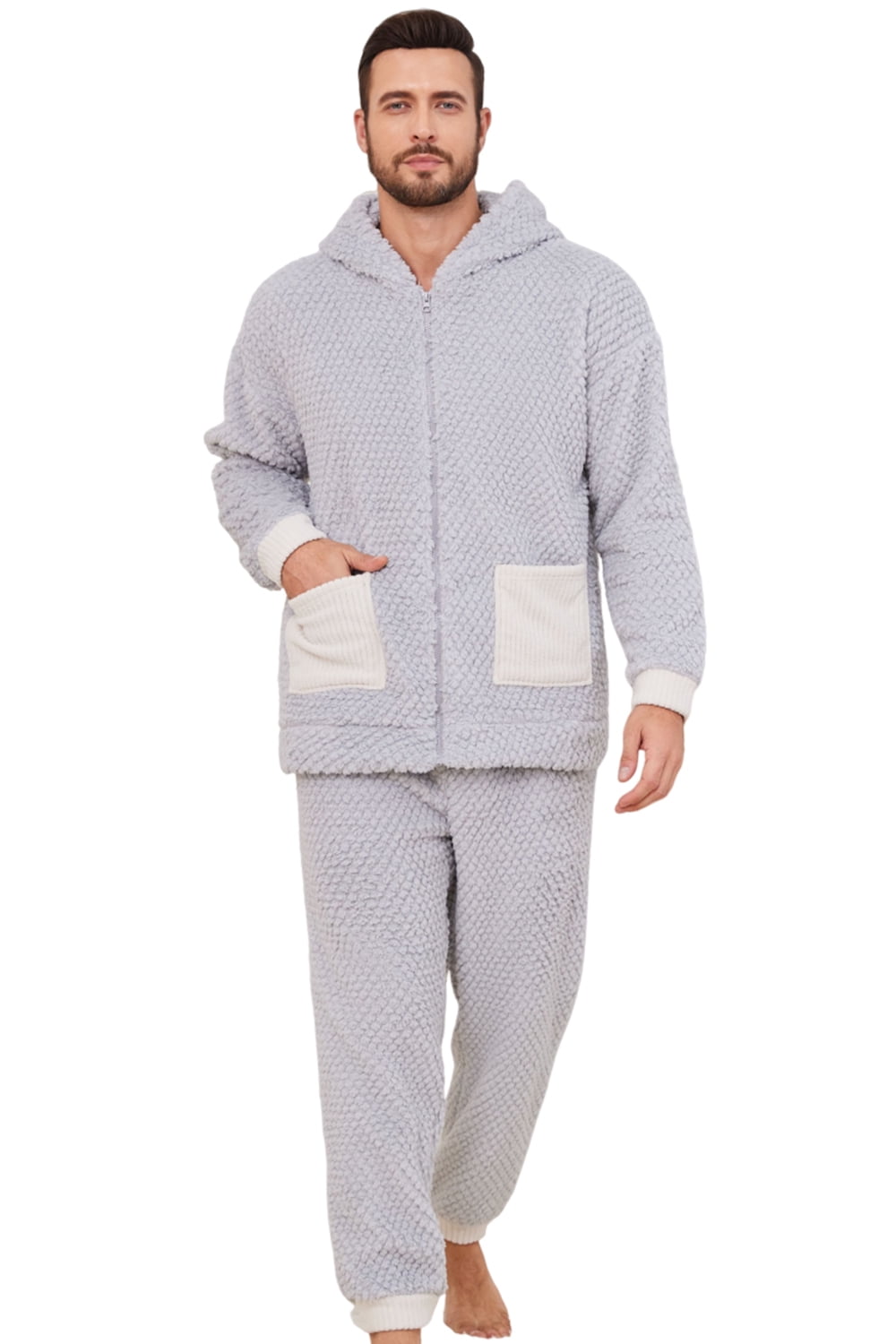 U2SKIIN Mens Plush Hooded Zipper Pajama Set, Soft Warm Long Sleeve ...