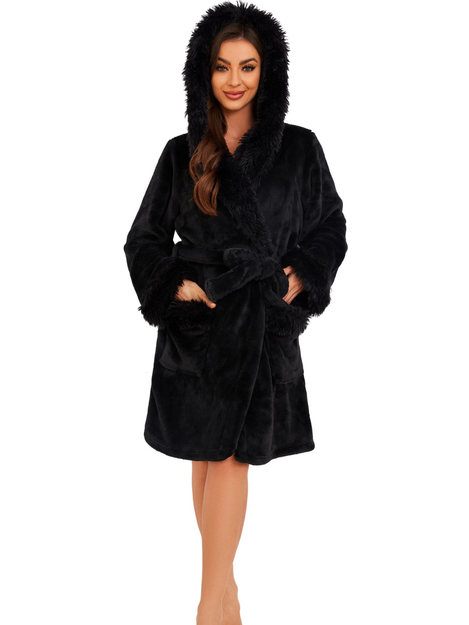 U2SKIIN Women Fleece Hooded Robe, Short Plush Bathrobe Warm Fluffy Cute ...
