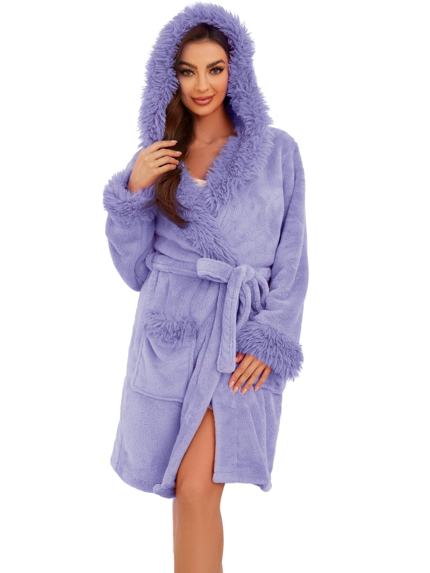 U2SKIIN Women Fleece Hooded Robe, Short Plush Bathrobe Warm Fluffy Cute ...