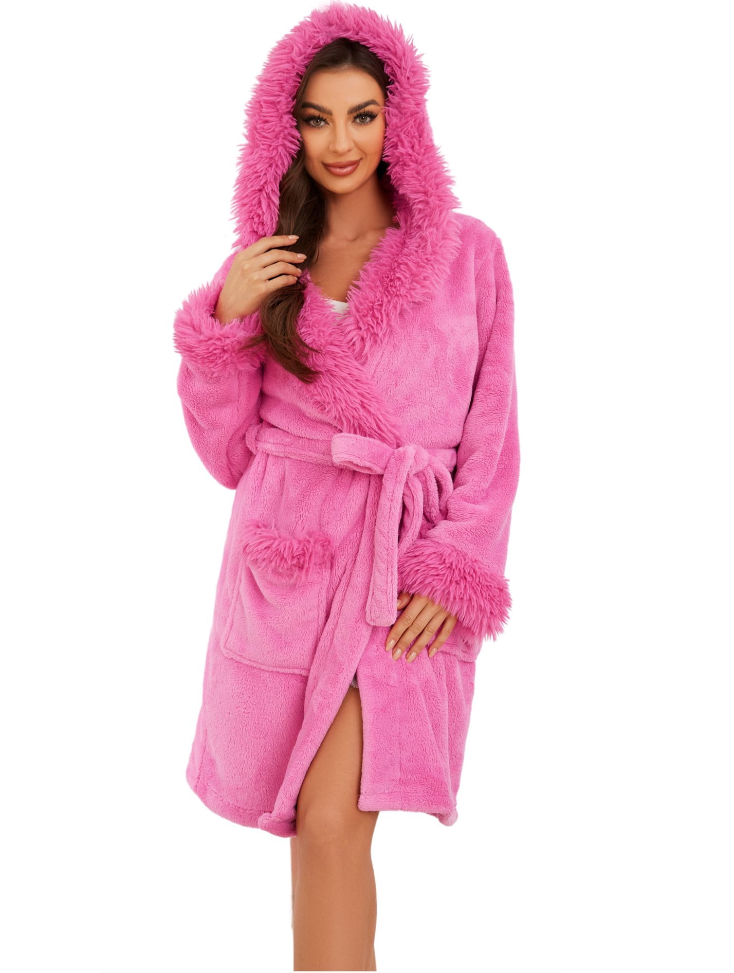 U2SKIIN Women Fleece Hooded Robe, Short Plush Bathrobe Warm Fluffy Cute ...