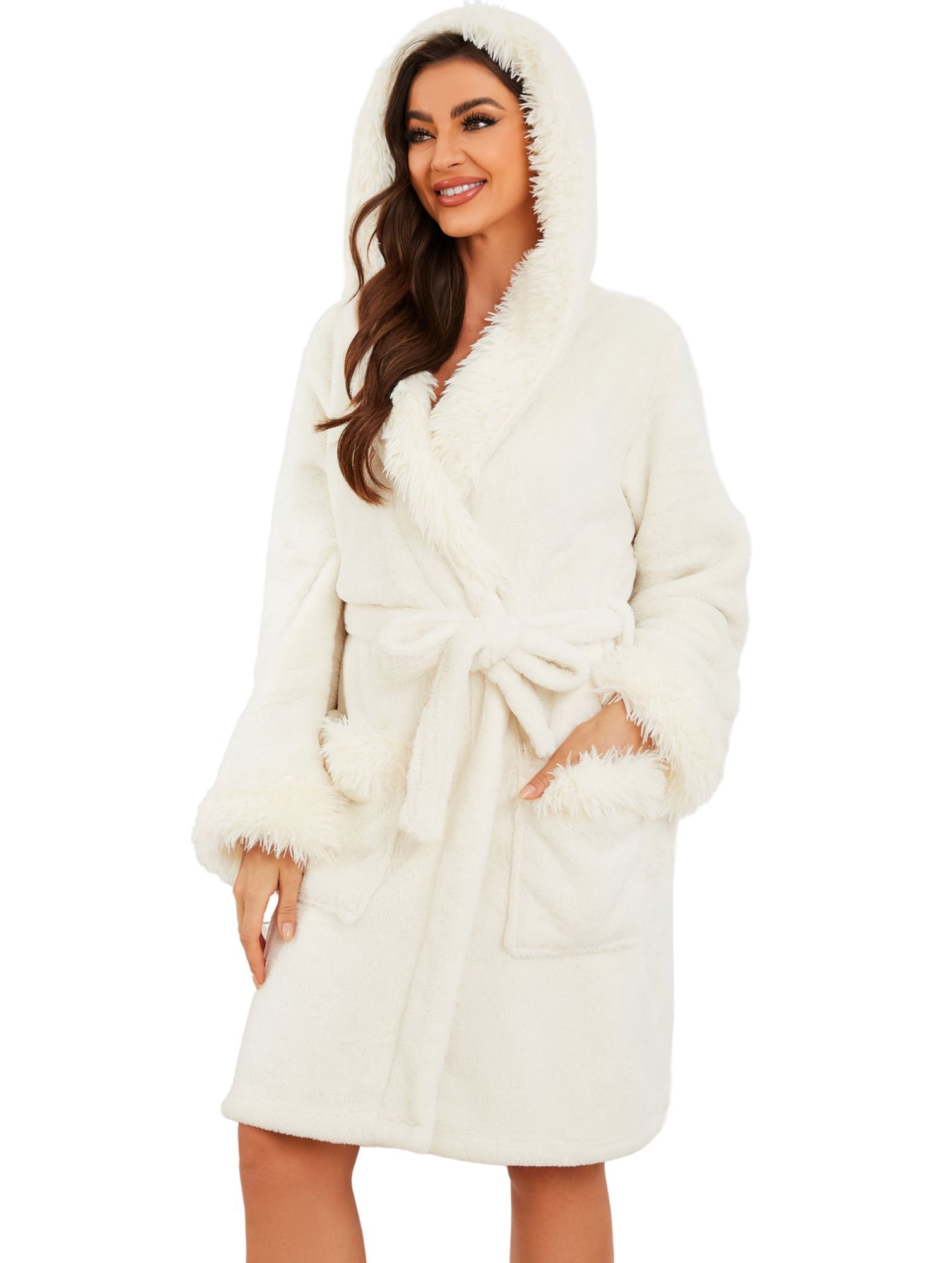 U2SKIIN Women Fleece Hooded Robe, Short Plush Bathrobe Warm Fluffy Cute ...