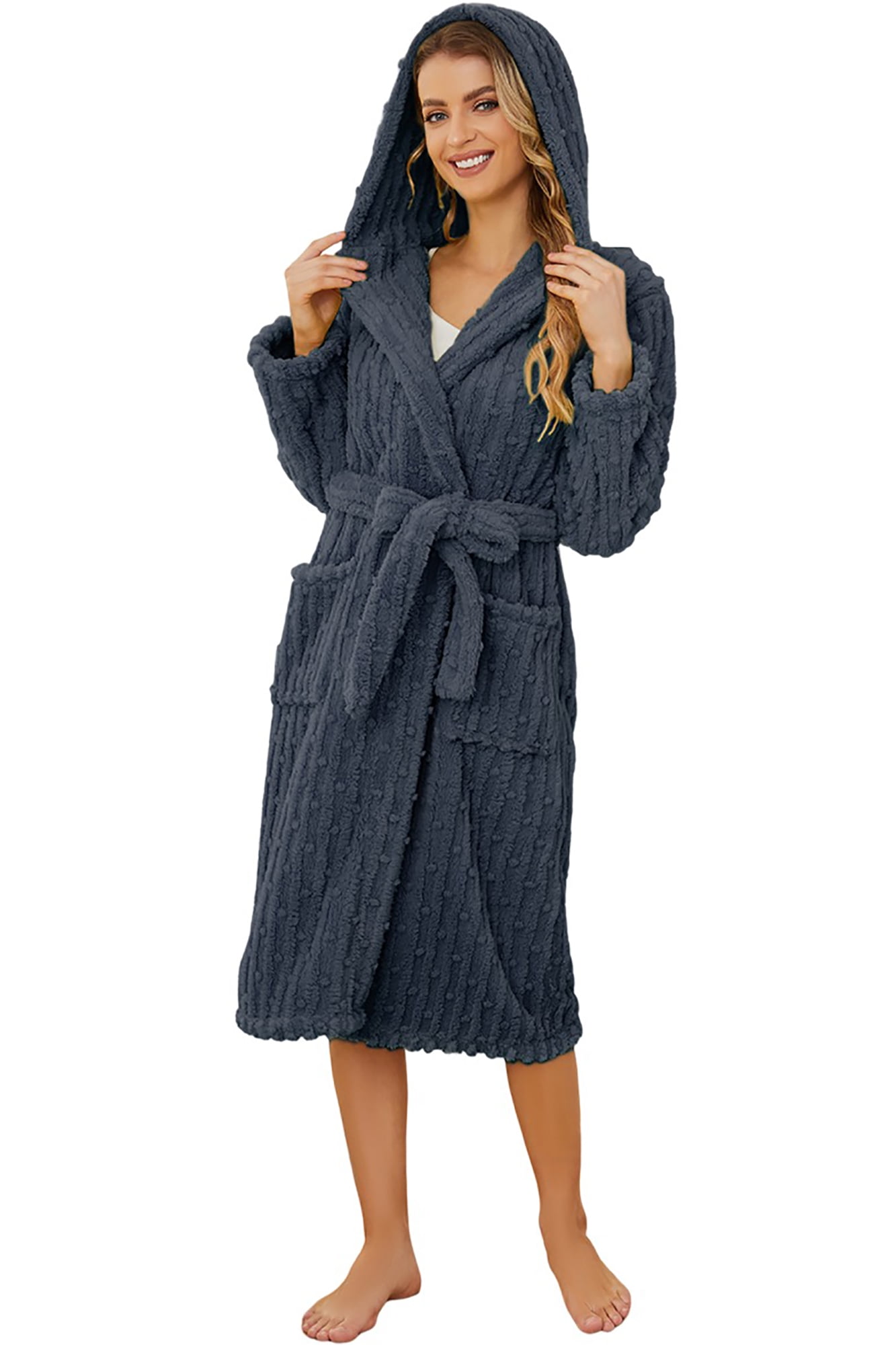 U2SKIIN Women Fuzzy Robes, Hooded Soft Long Plush Fluffy Bathrobes(Dark ...