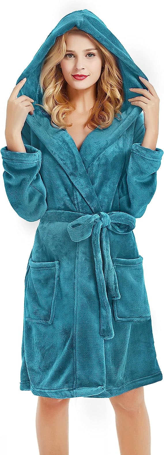 U2SKIIN Women Hooded Fleece Bathrobe, Plush Fluffy Spa Robe, Blue Green ...