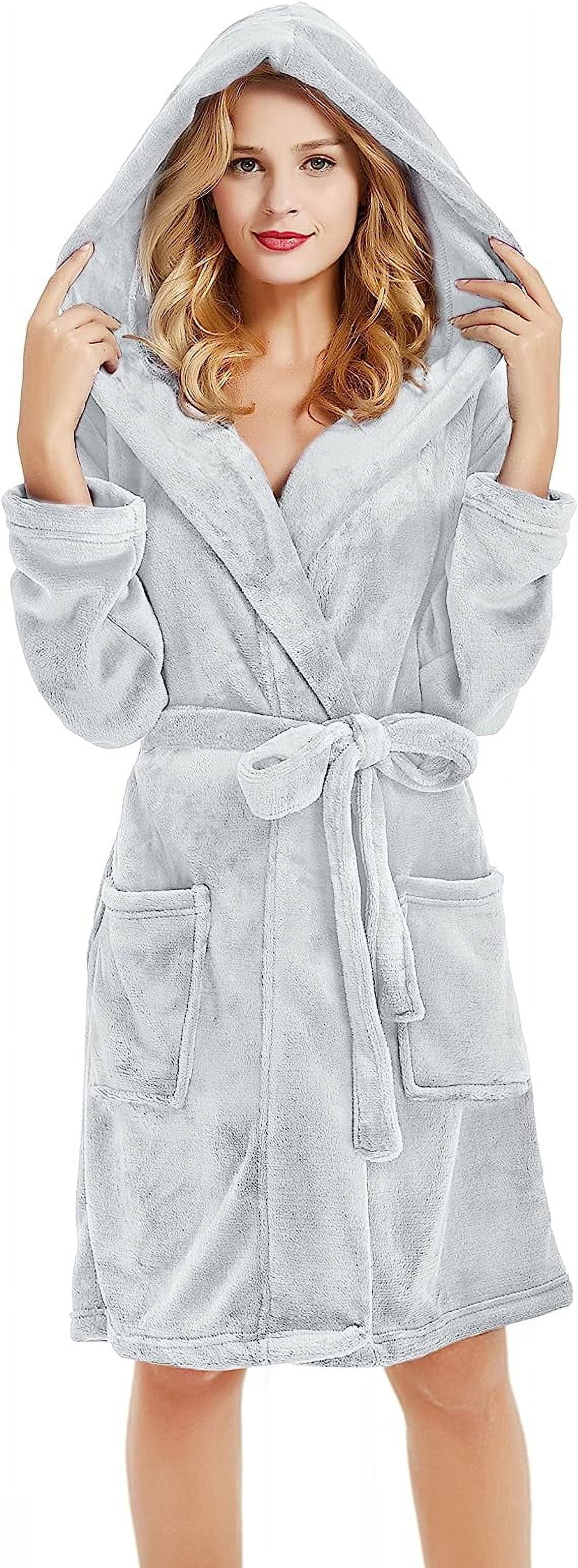 U2SKIIN Women Hooded Plush Robe, Light Grey Fleece Bathrobe, Tie Belt ...