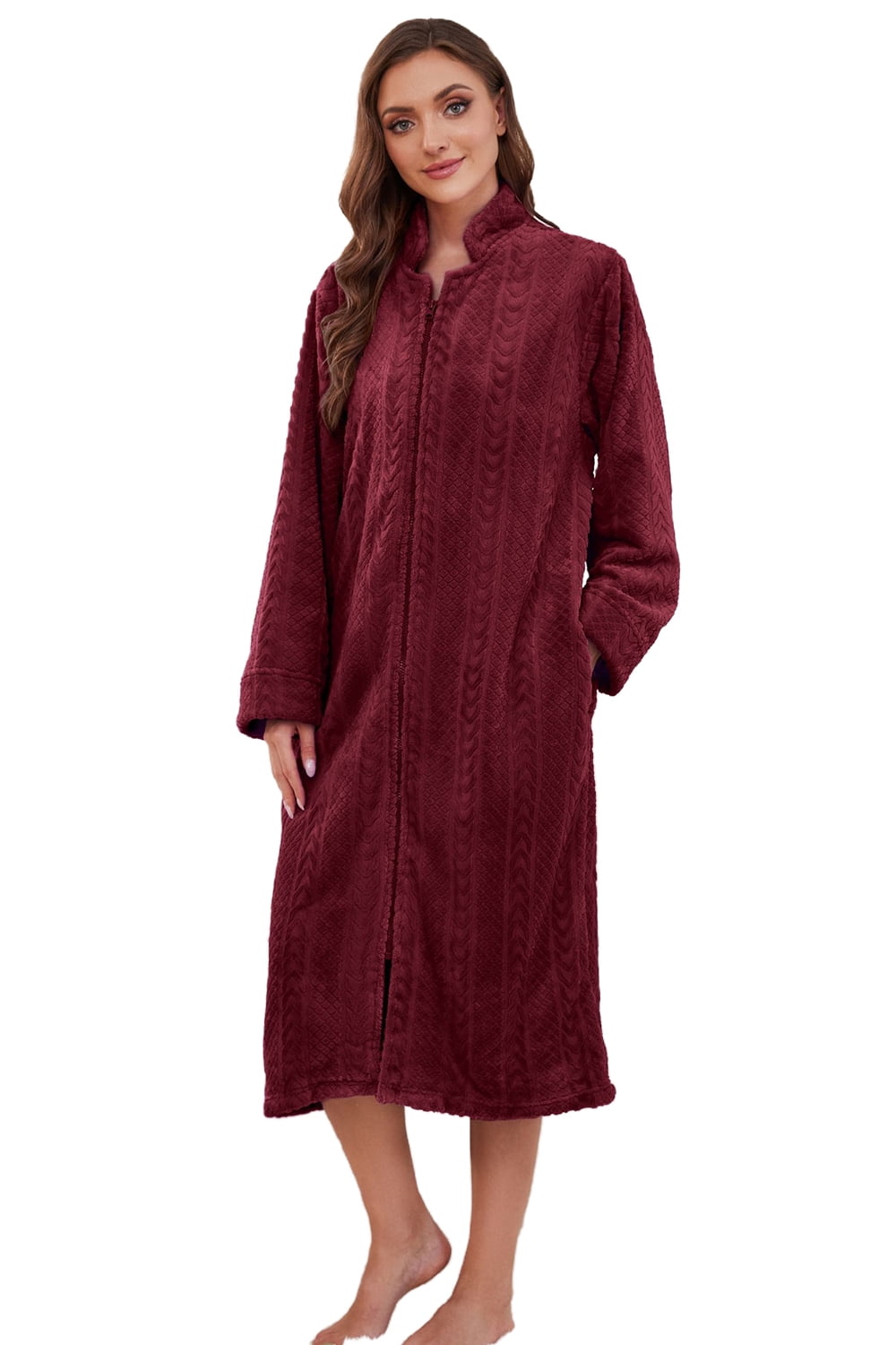 U2SKIIN Women Plush Zipper Robe, Long Fleece House Coat Nightgown with Pockets Solid Bathrobe ...