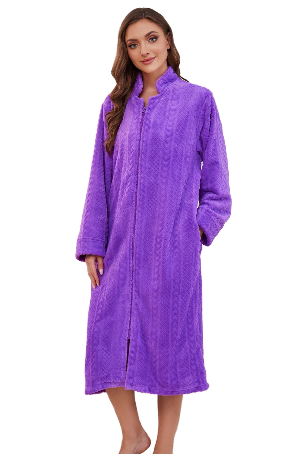 U2SKIIN Women Plush Zipper Robe, Long Fleece House Coat Nightgown with ...