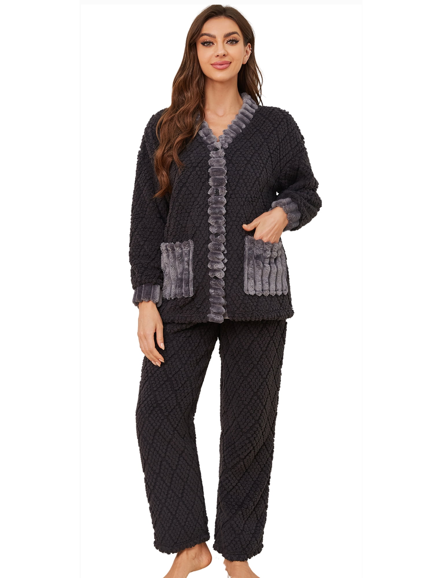 U2SKIIN Women's Fleece Pajama Set, Soft Plush Jacquard Sleepwear Cozy ...