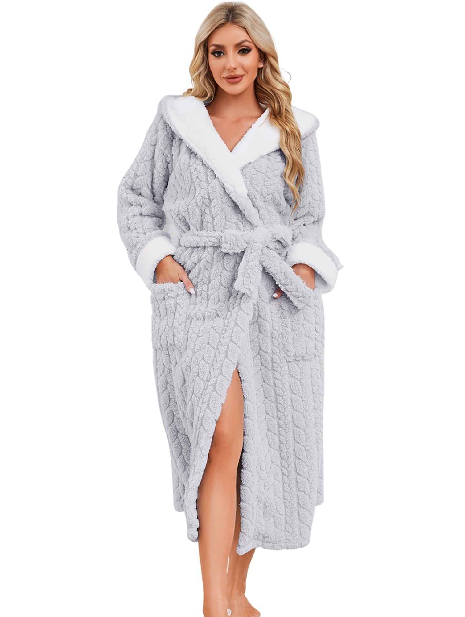 U2SKIIN Womens Fleece Robe, Plush Hooded Soft Fluffy Warm Bathrobes,(Light Grey,L-XL) - Walmart.com