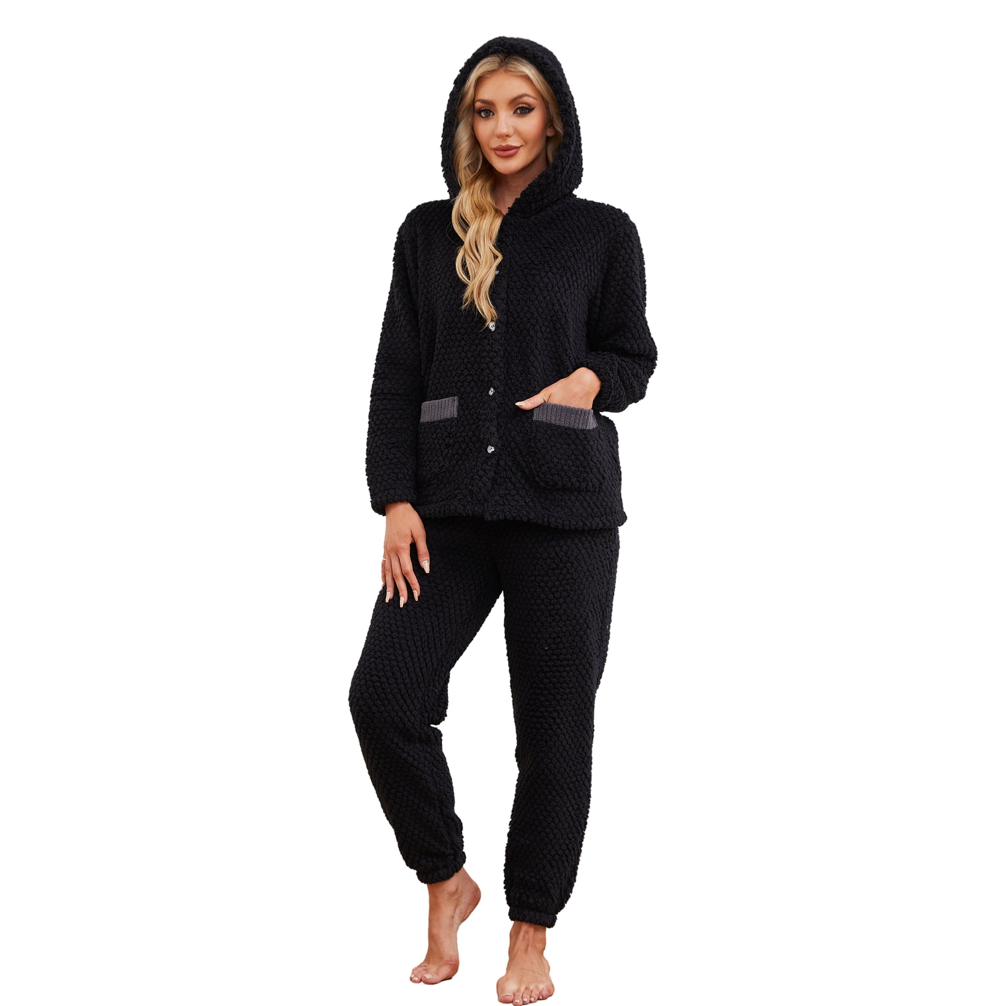 U2SKIIN Womens Pajama Set, Fluffy Hooded Bathrobe Soft Plush Sleepwear ...