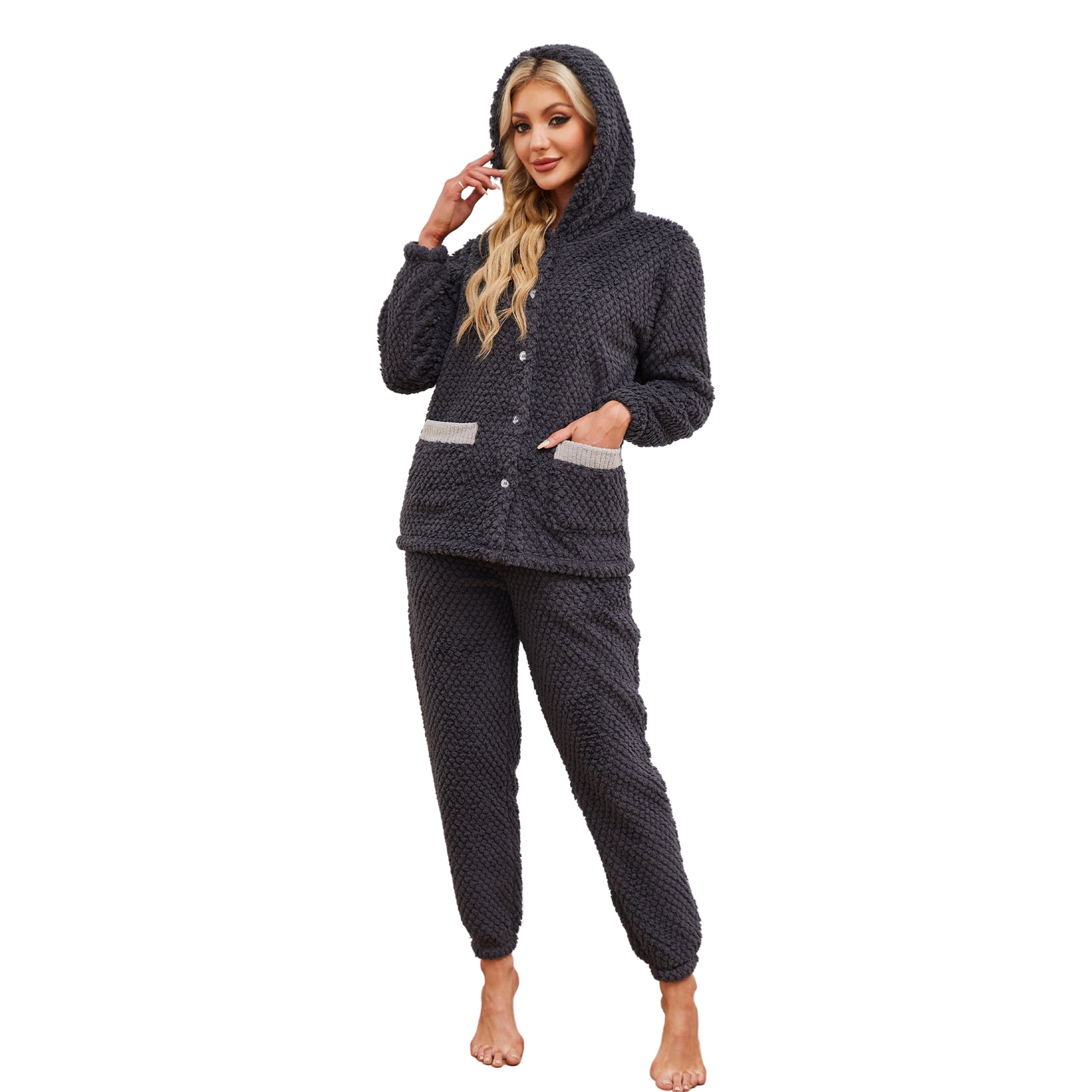 U2SKIIN Womens Pajama Set, Fluffy Hooded Bathrobe Soft Plush Sleepwear ...