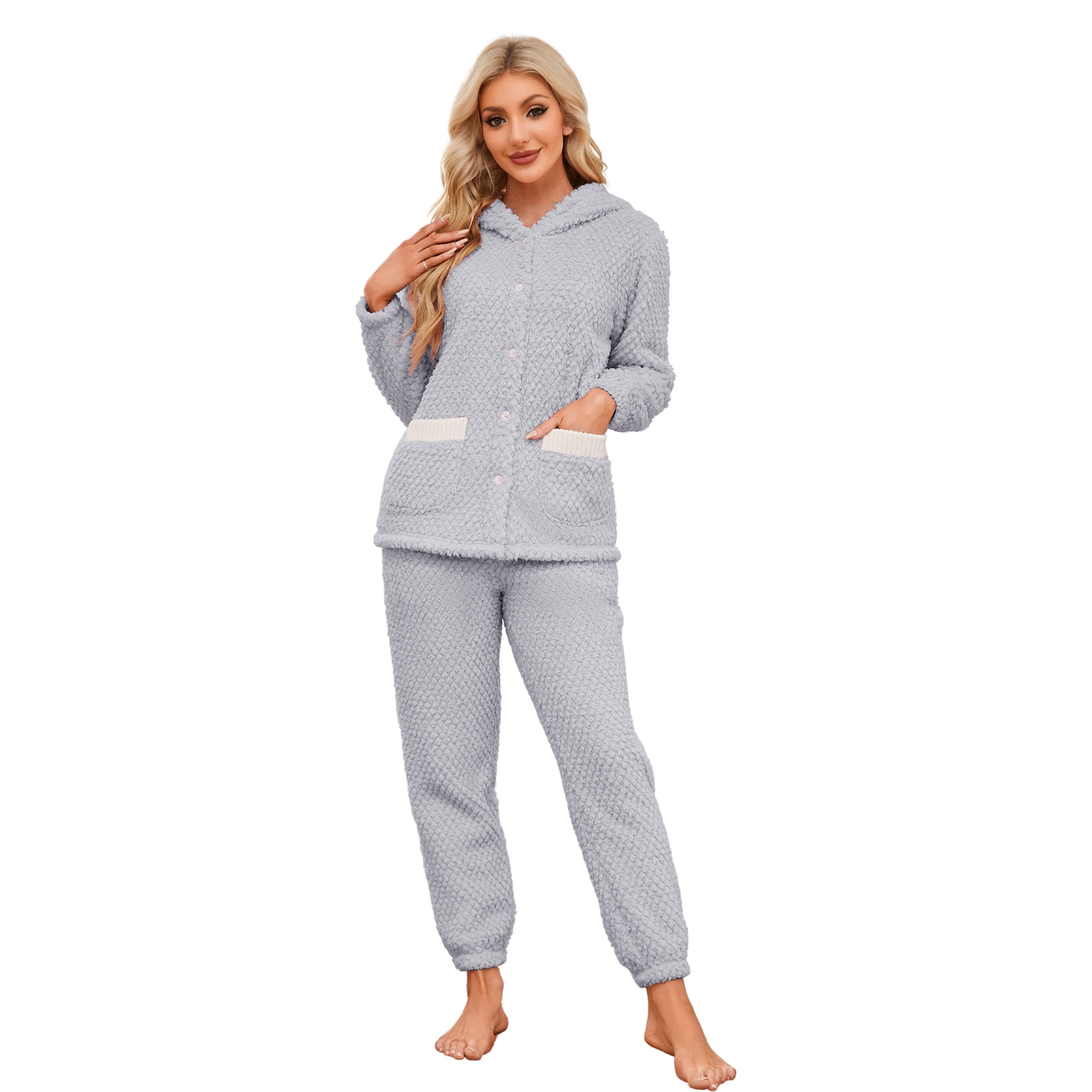U2SKIIN Womens Pajama Set, Fluffy Hooded Bathrobe Soft Plush Sleepwear Fuzzy Pjs set,(Light Grey ...