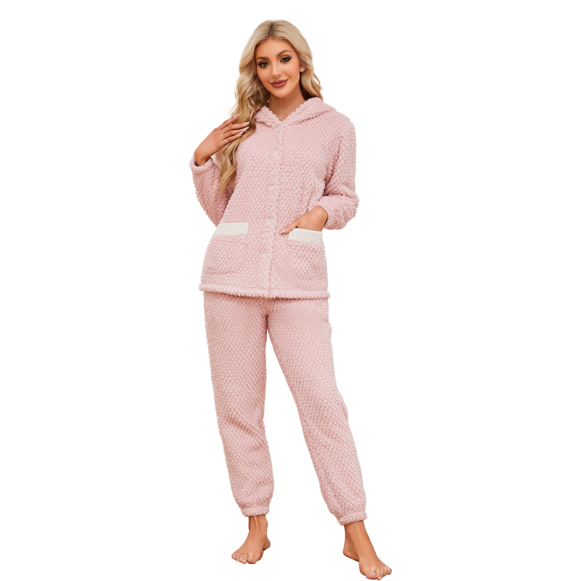 U2SKIIN Womens Pajama Set, Fluffy Hooded Bathrobe Soft Plush Sleepwear ...