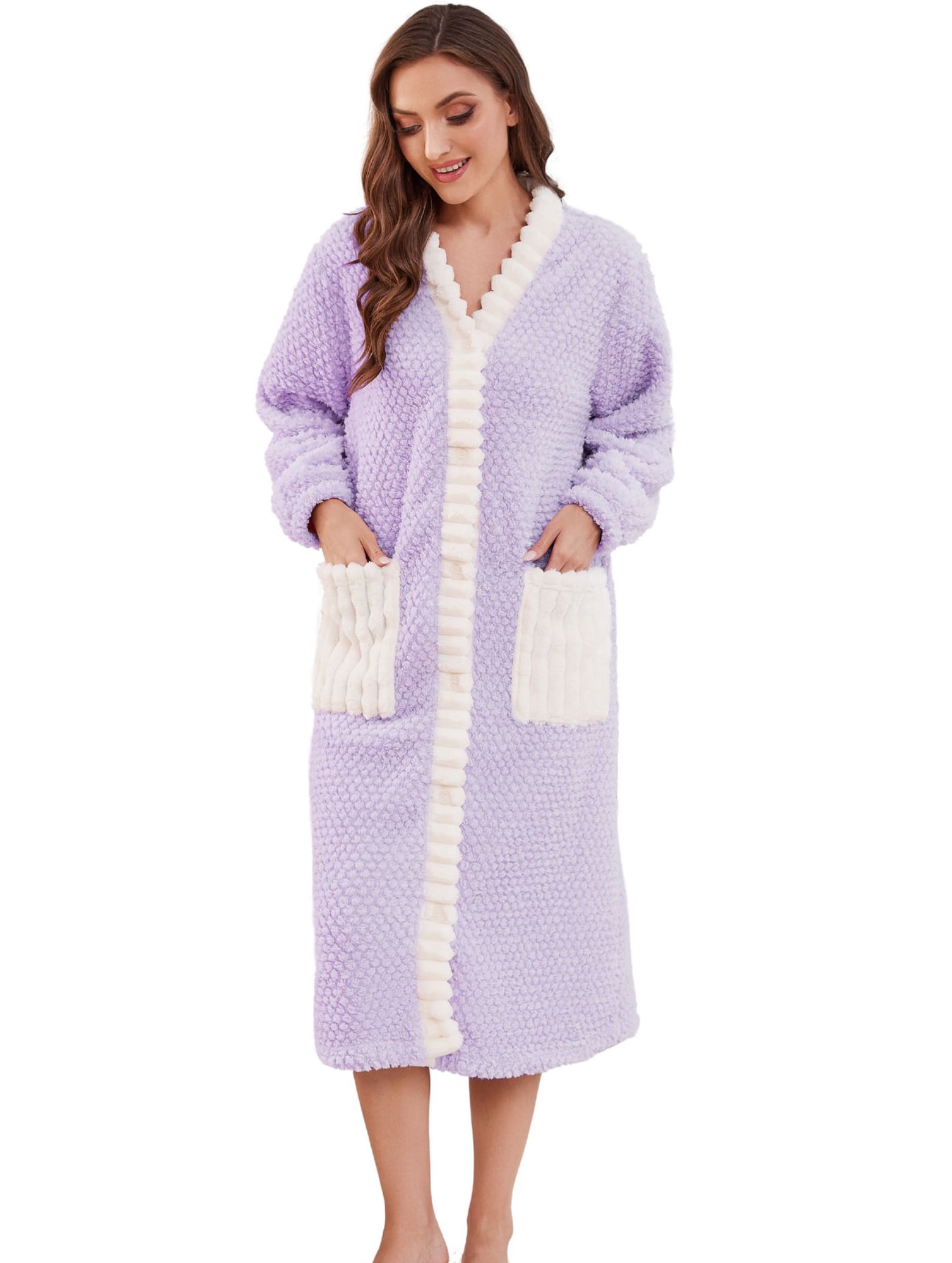 U2SKIIN Womens Plush Robe, Soft Fluffy Bathrobe Lightweight Button Warm ...
