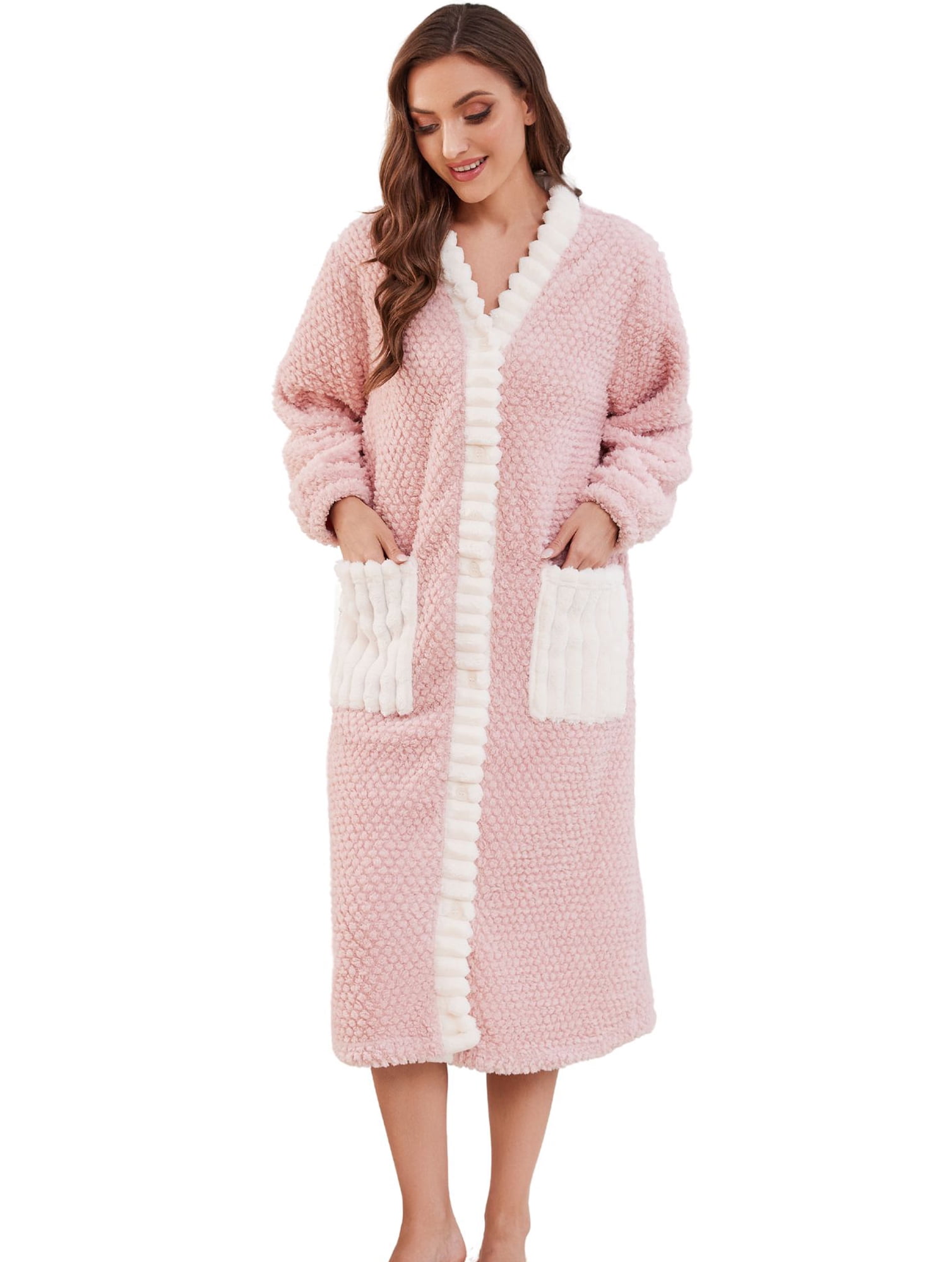 U2SKIIN Womens Plush Robe, Soft Fluffy Bathrobe Lightweight Button Warm ...