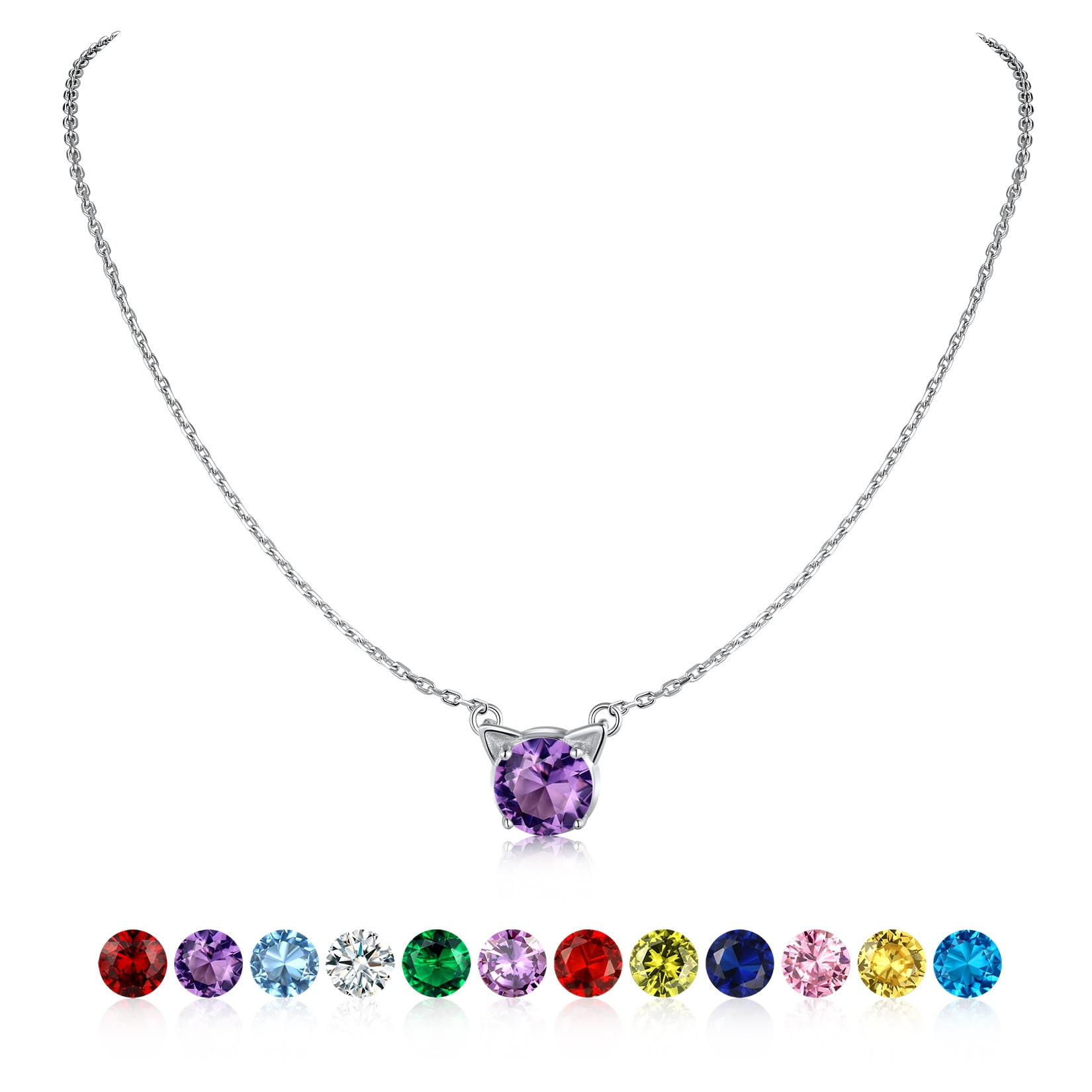 U7 Cute Cat Birthstone Necklace 925 Sterling Silver Choker Necklaces ...