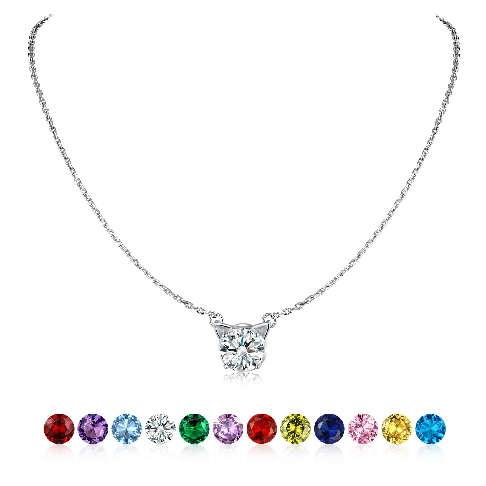U7 Cute Cat Birthstone Necklace 925 Sterling Silver Choker Necklaces ...